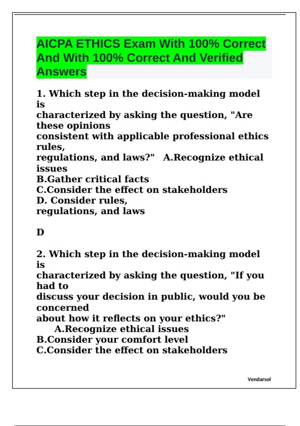 AICPA ETHICS Exam With 100% Correct And With 100% Correct And Verified Answers - AICPA ETHICS ...