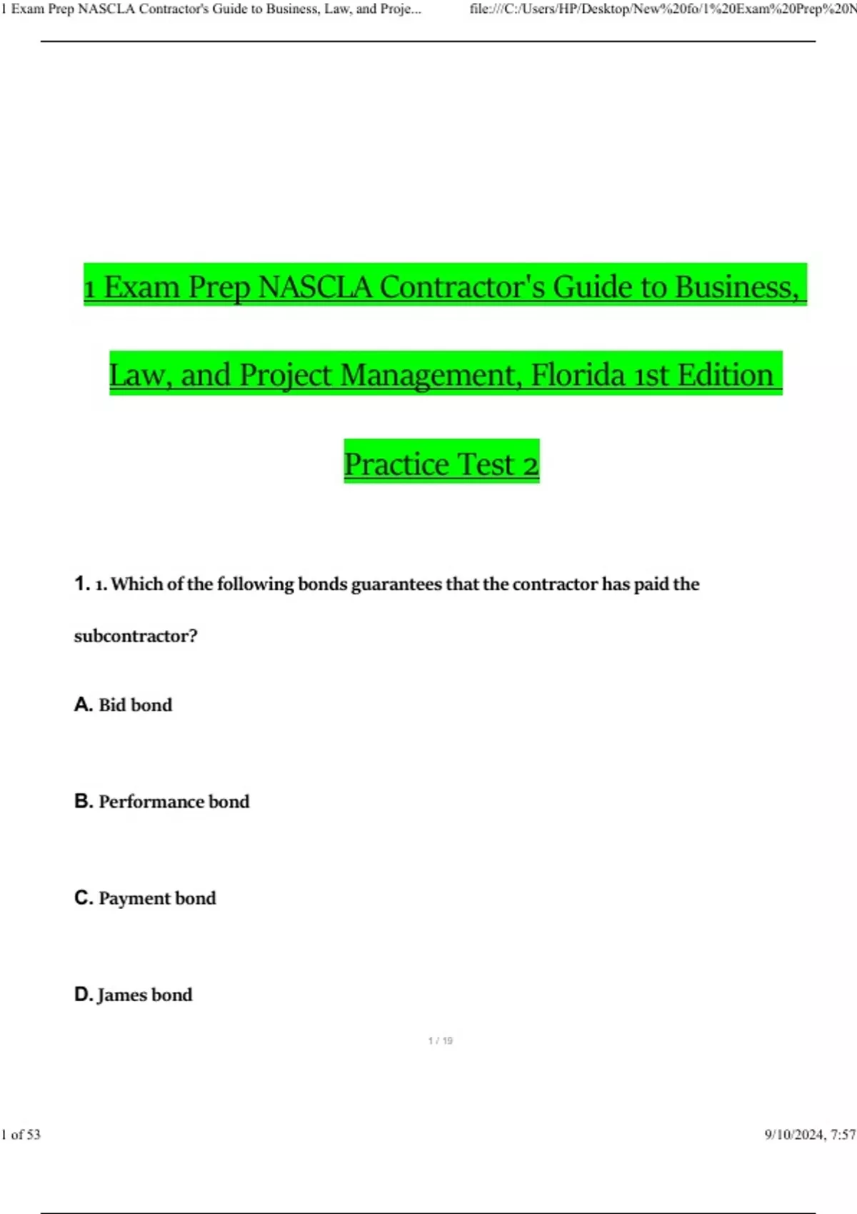 1 Exam Prep NASCLA Contractor's Guide to Business, Law, and Project ...