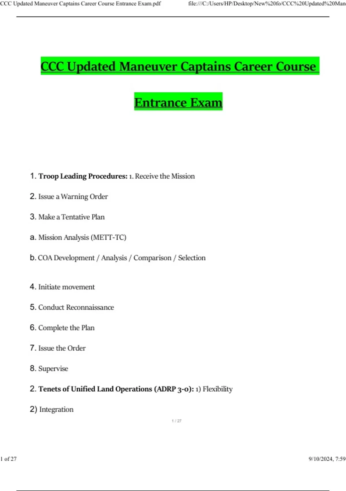 CCC Updated Maneuver Captains Career Course Entrance Exam 2024 With 100 ...