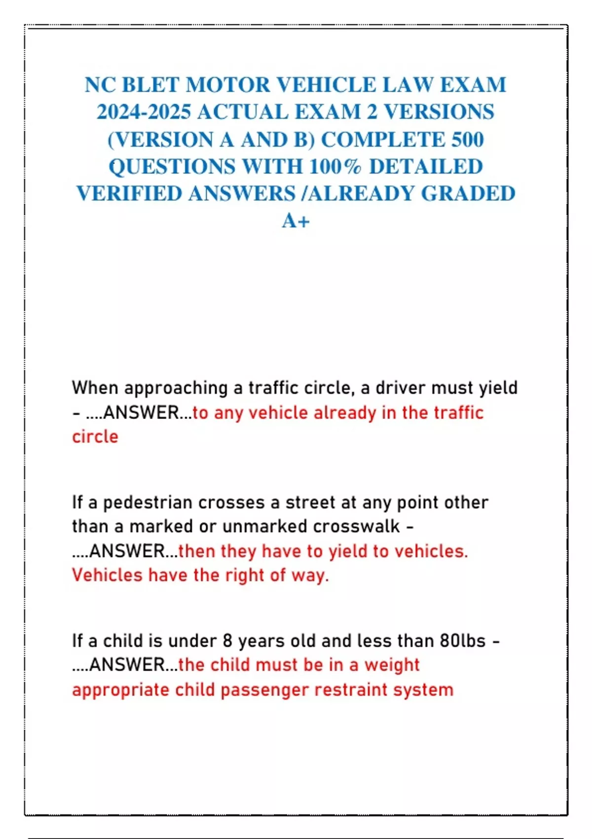 NC BLET MOTOR VEHICLE LAW EXAM ACTUAL EXAM 2 VERSIONS (VERSION A AND B ...