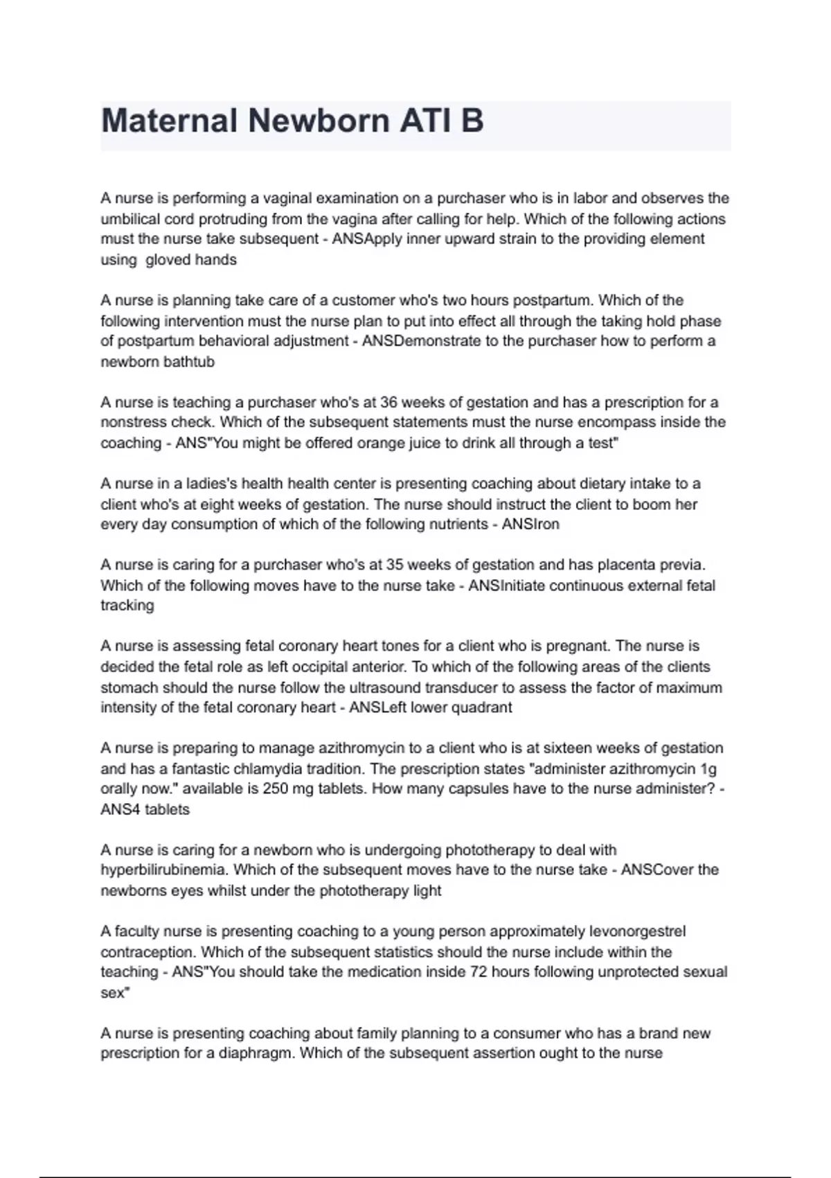 Maternal Newborn ATI B questions and answers graded A+ 2024/2025 - ATI ...