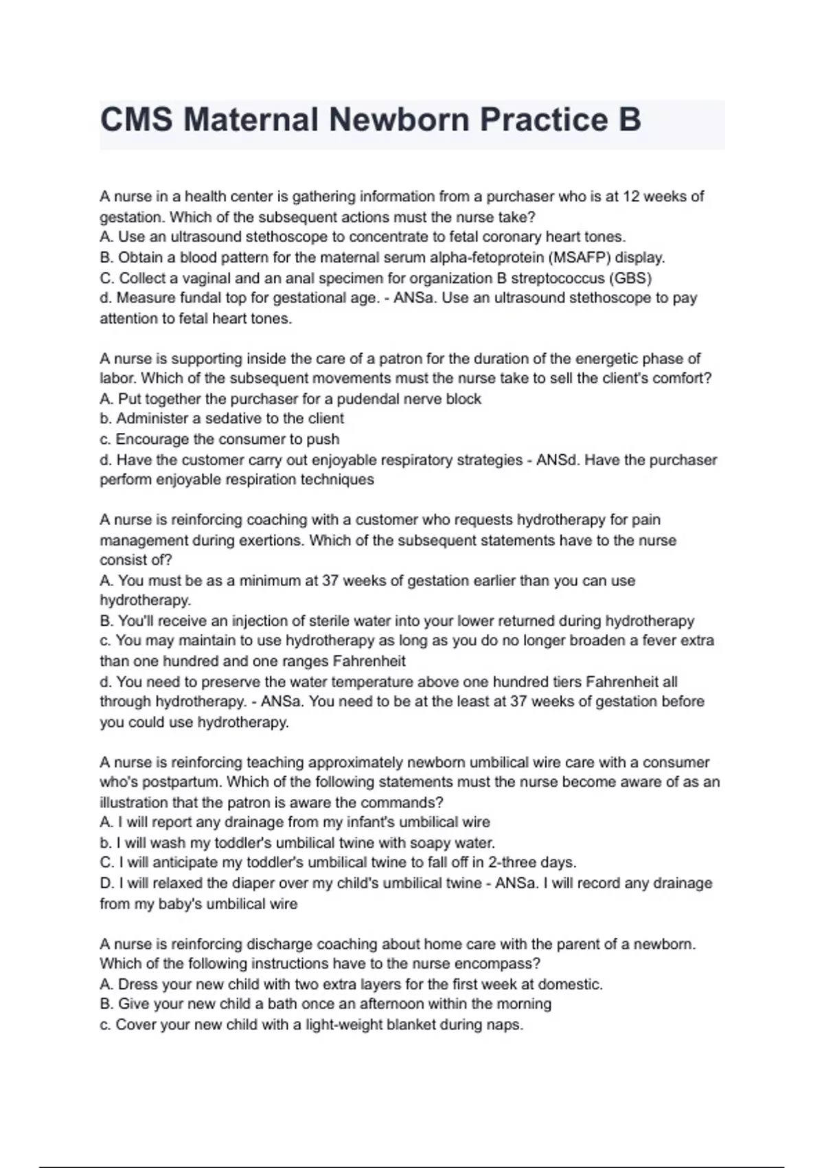 CMS Maternal Newborn Practice B questions and answers graded A+ 2024/ ...