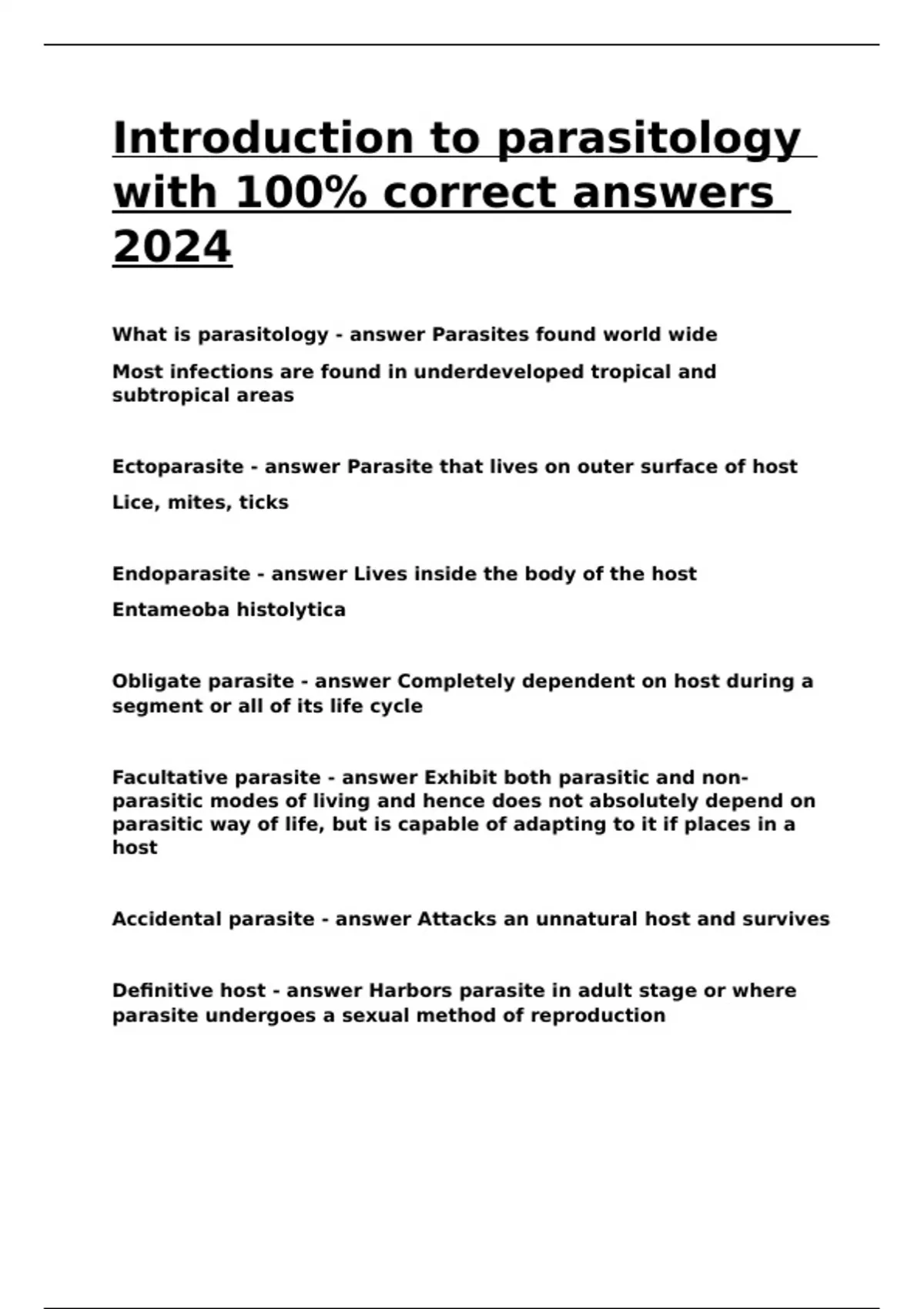 Introduction to parasitology with 100% correct answers 2024 - Parasitology - - Stuvia US