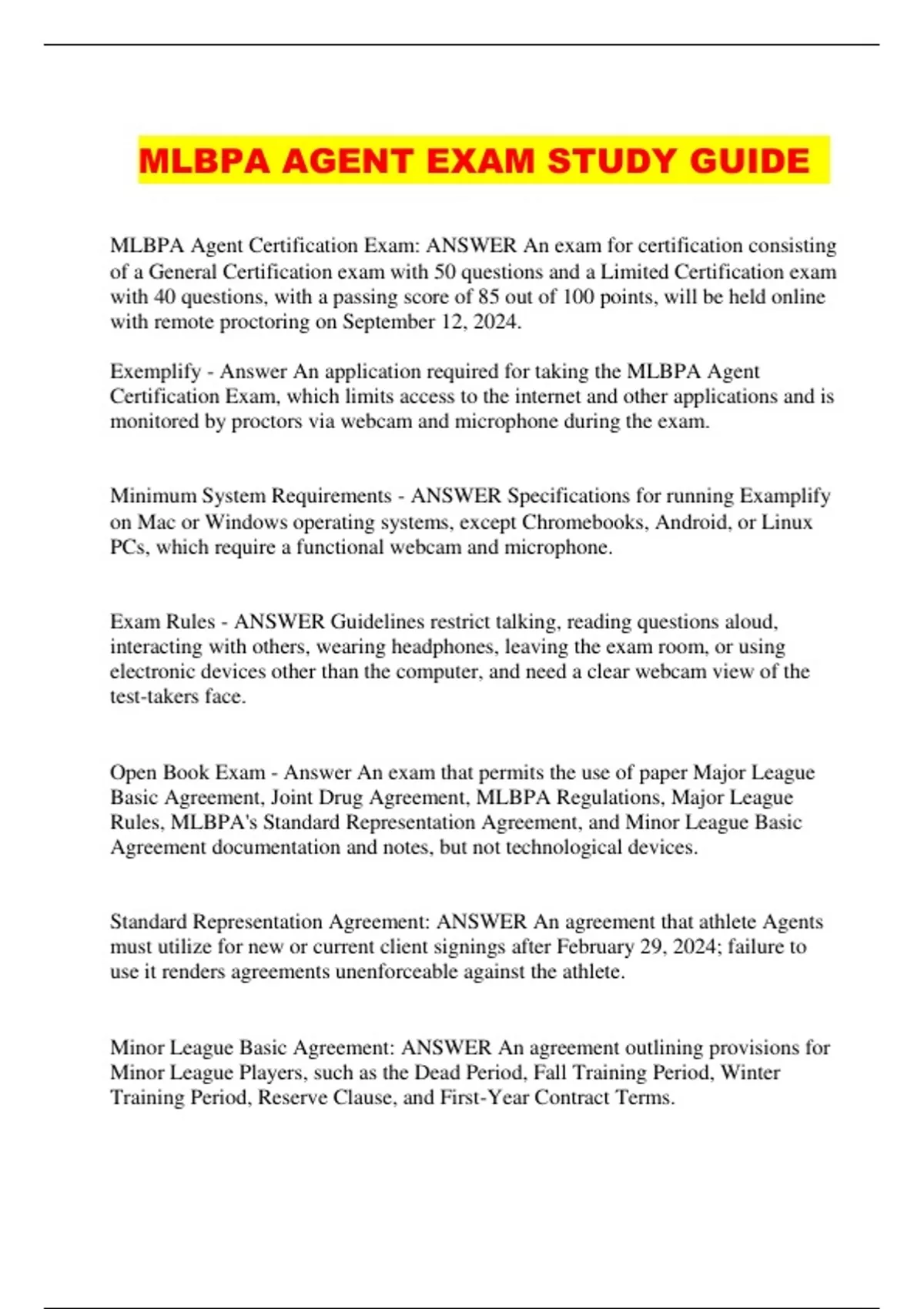 MLBPA AGENT EXAM STUDY GUIDE - MLBPA AGENT - Stuvia US