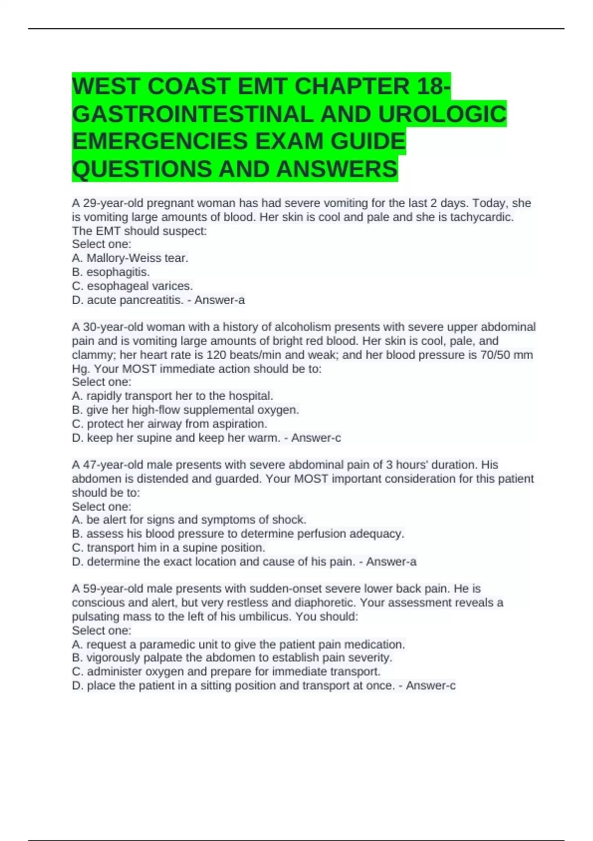 WEST COAST EMT CHAPTER 18- GASTROINTESTINAL AND UROLOGIC EMERGENCIES ...