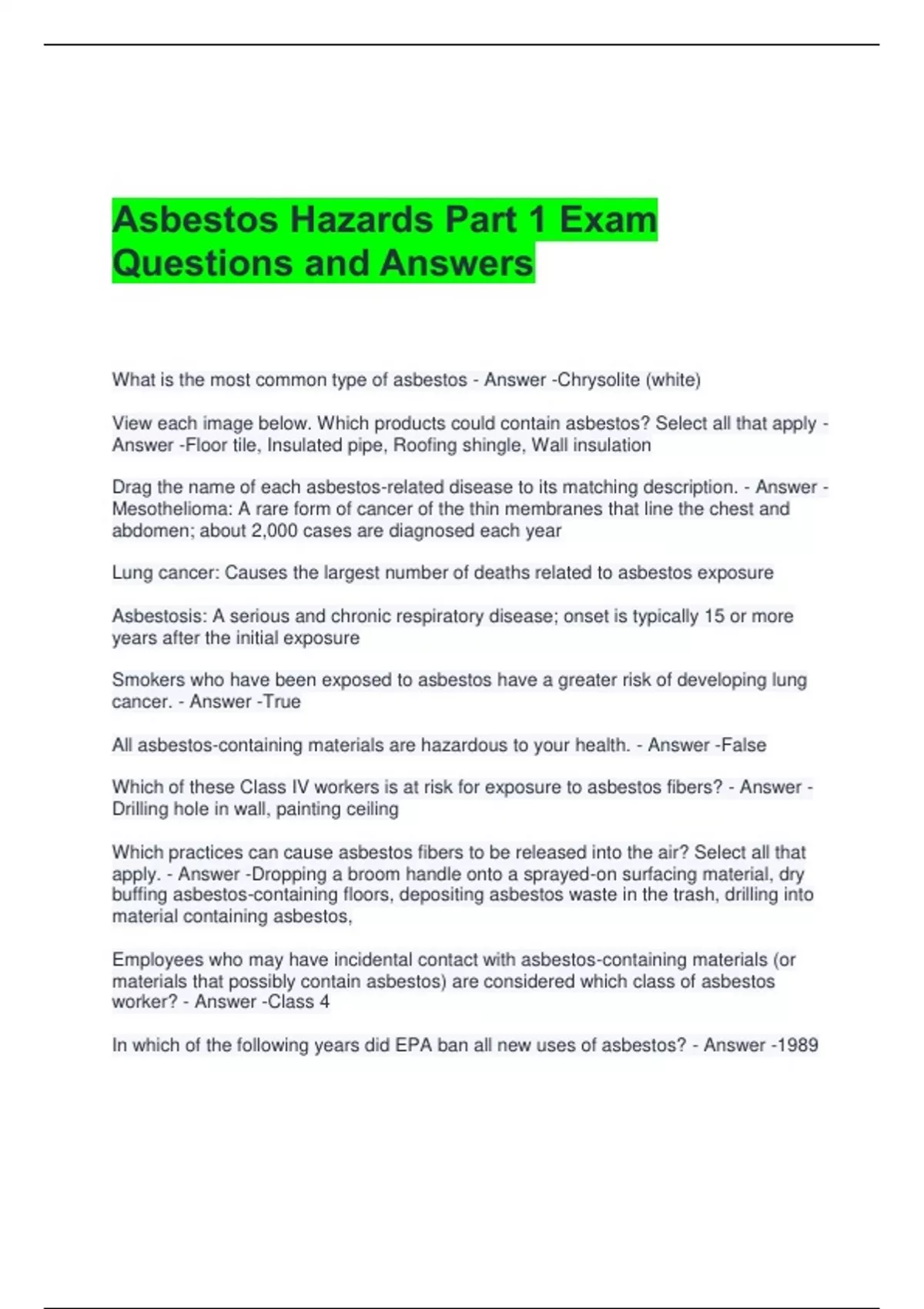 Asbestos Hazards Part 1 Exam Questions and Answers - Asbestos - Stuvia US