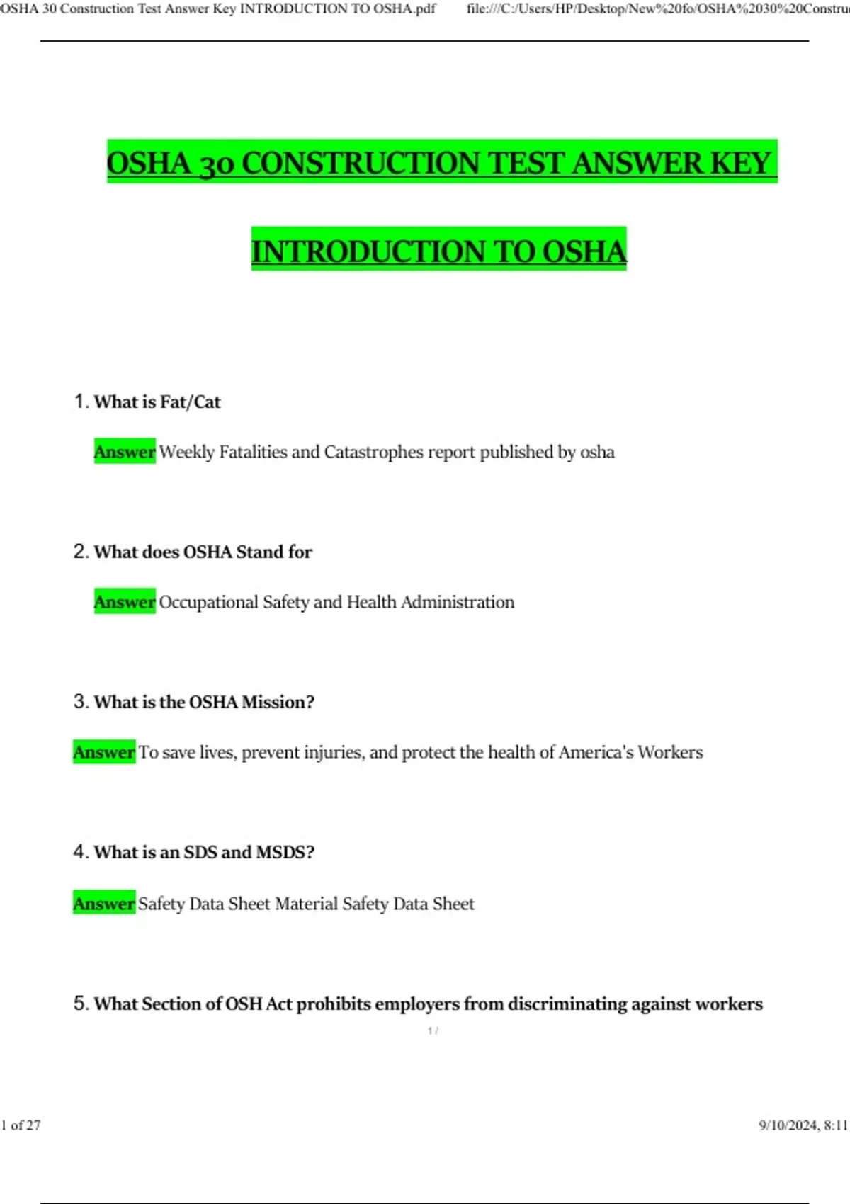 OSHA 30 BUNDLED OSHA 30 - Practice Test OSHA 30 Final Exam Latest 2024 ...