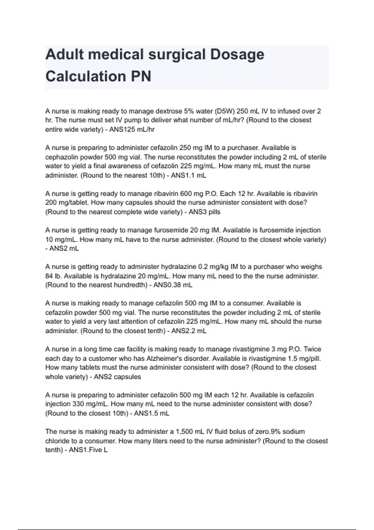 Adult medical surgical Dosage Calculation PN questions and answers ...