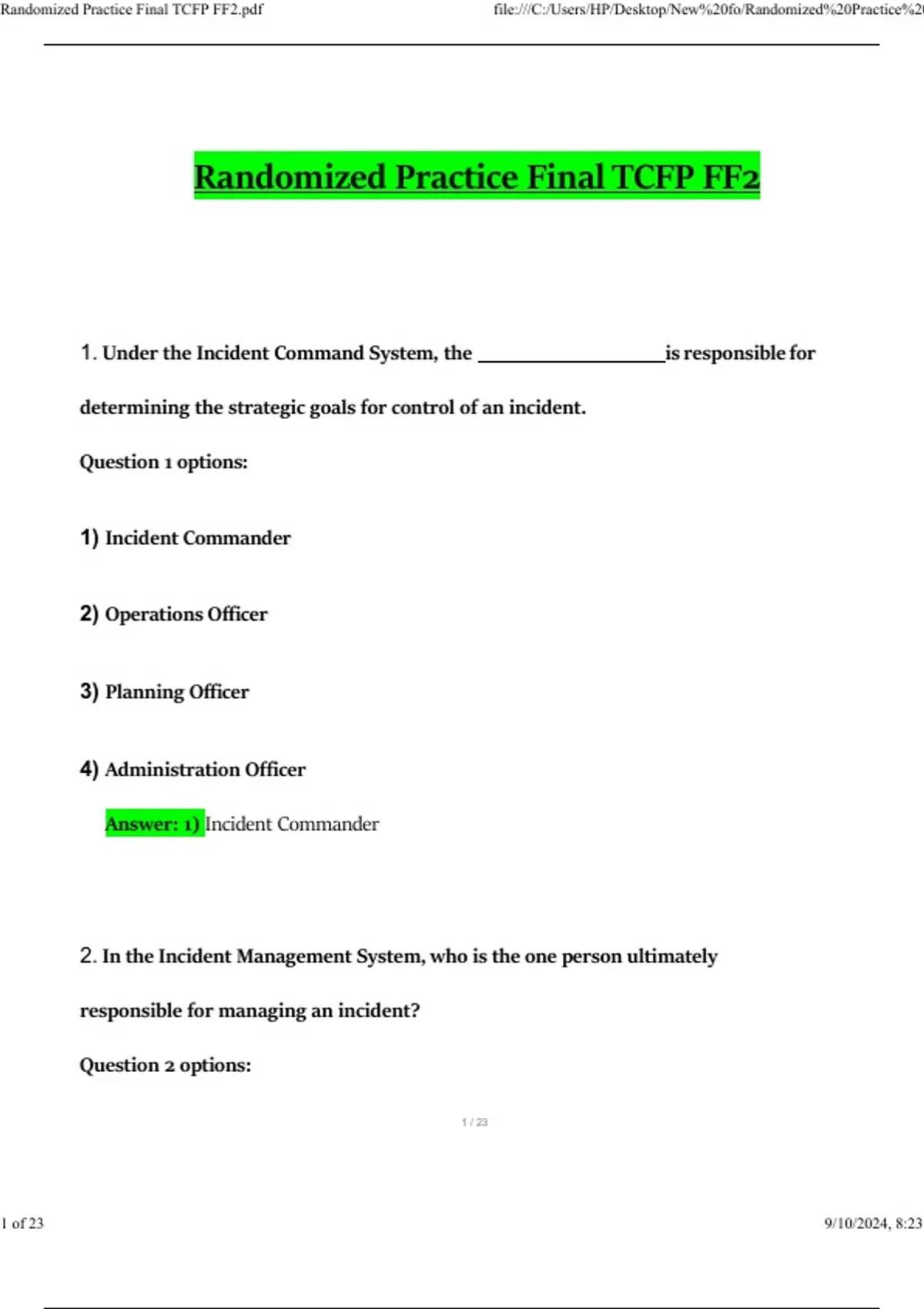 TCFP FF2 Randomized Practice Final Latest 2024 Actual Questions and ...