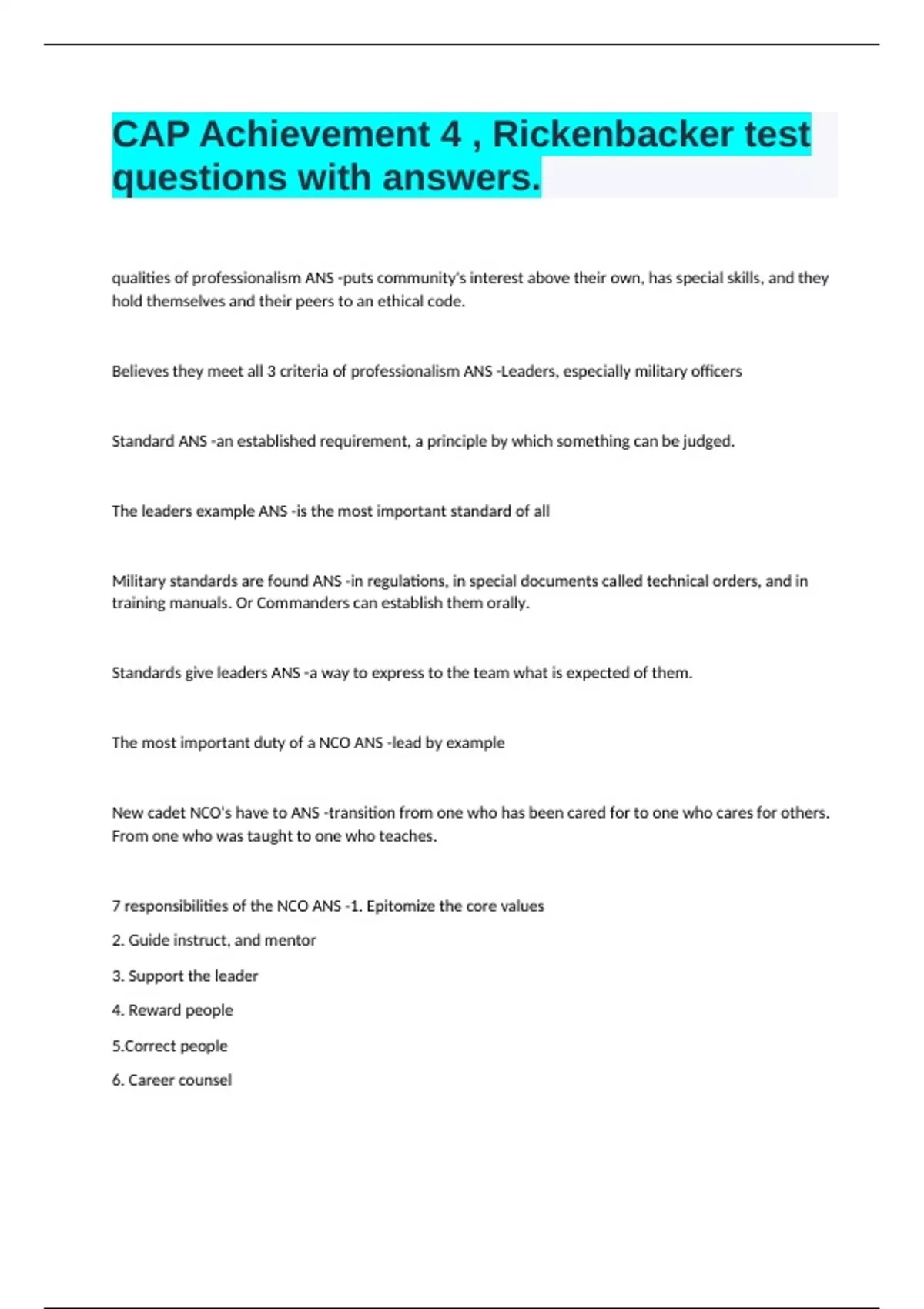 CAP Achievement 4 , Rickenbacker test questions with answers. - CAP ...