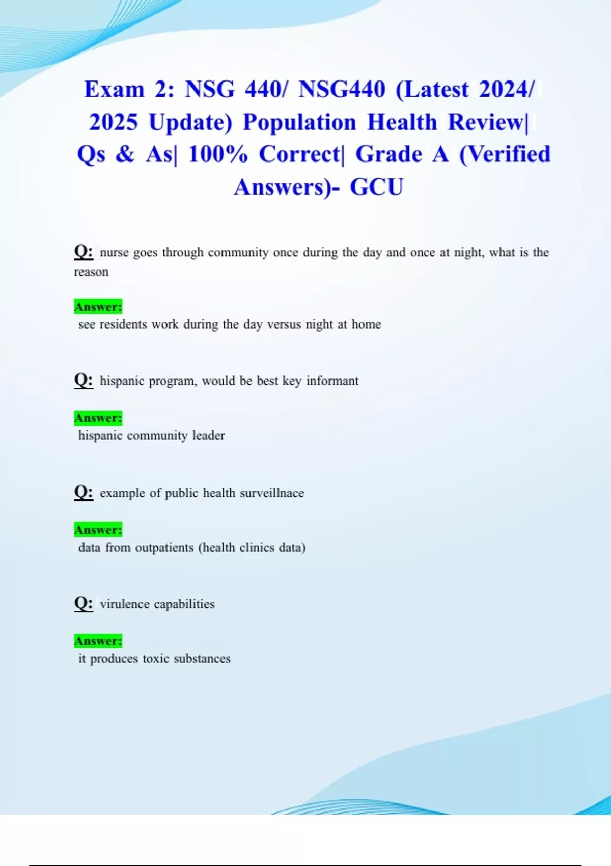 Exam 2: NSG 440/ NSG440 (Latest 2024/ 2025 Update) Population Health ...