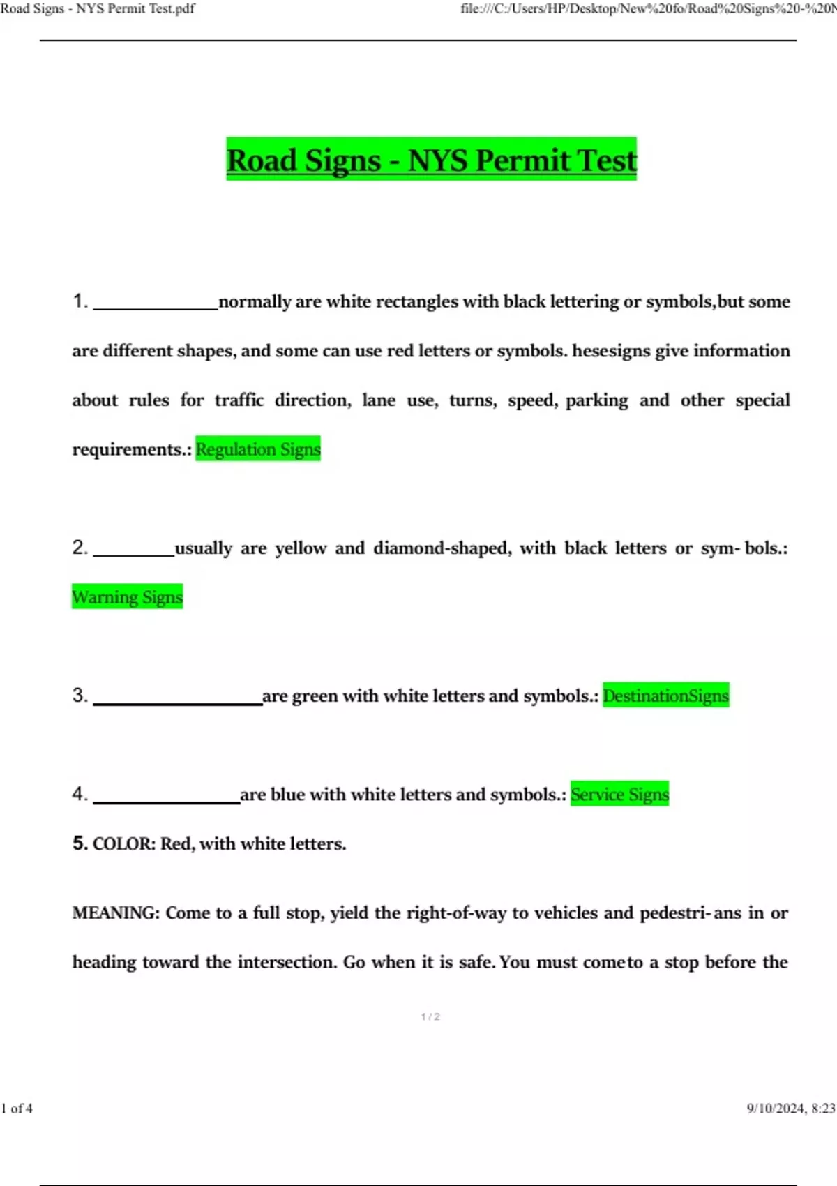 NYS Permit Test Road Signs Latest 2024 Actual Questions and Verified ...