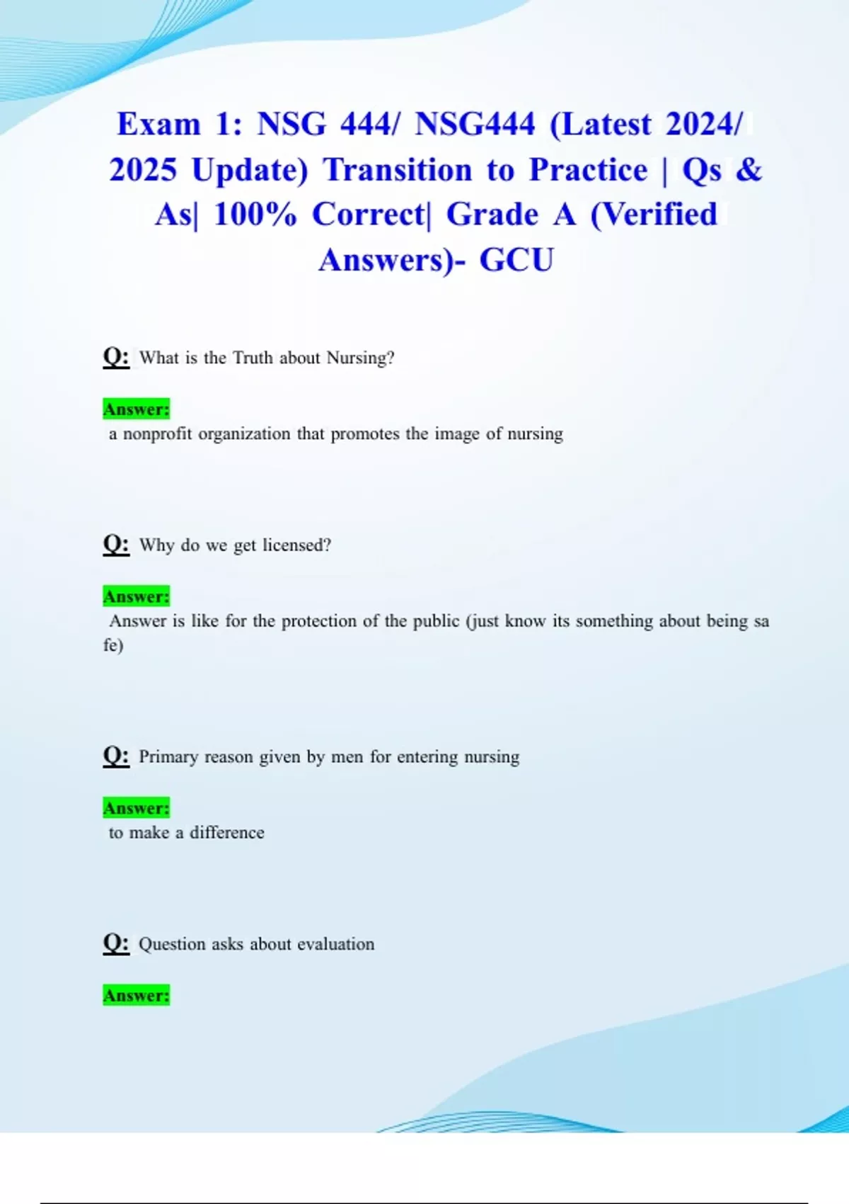 Exam 1: NSG 444/ NSG444 (Latest 2024/ 2025 Update) Transition to ...