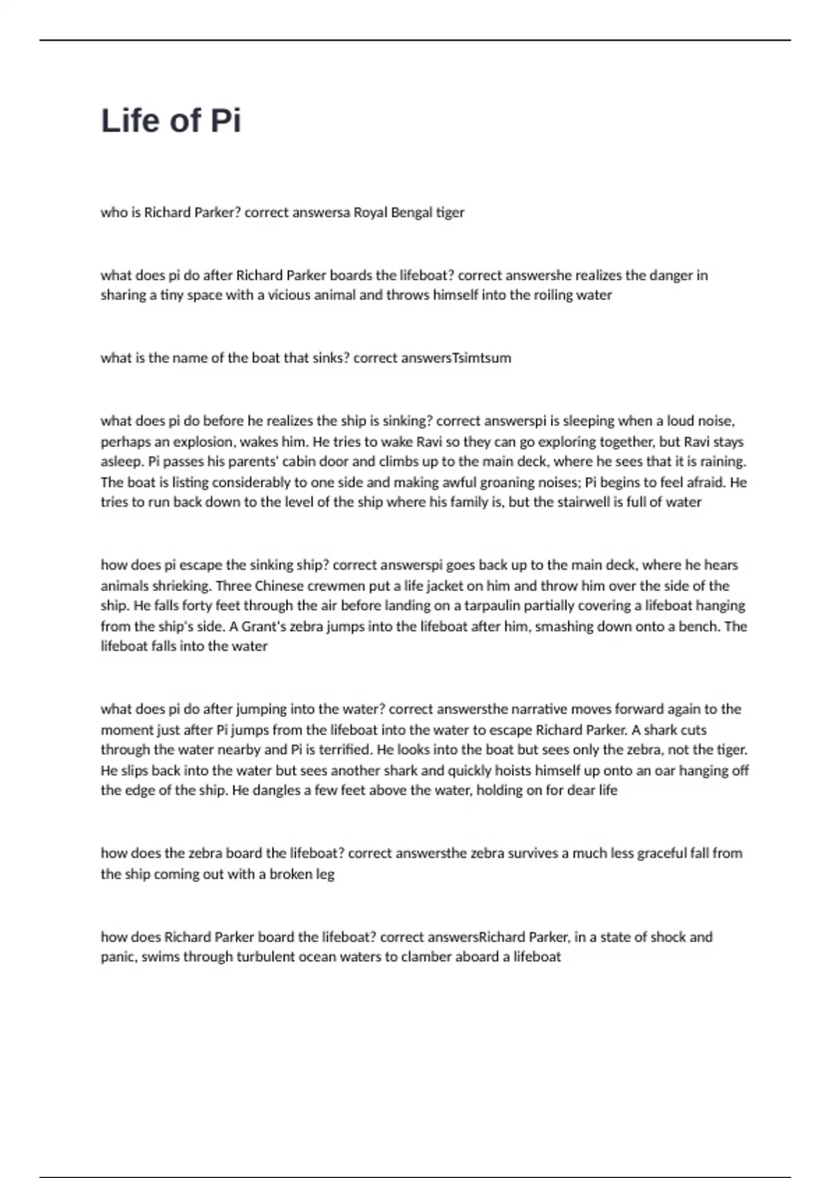 Life of Pi exam 2024/2025 with 100% correct answers - Life of Pi ...