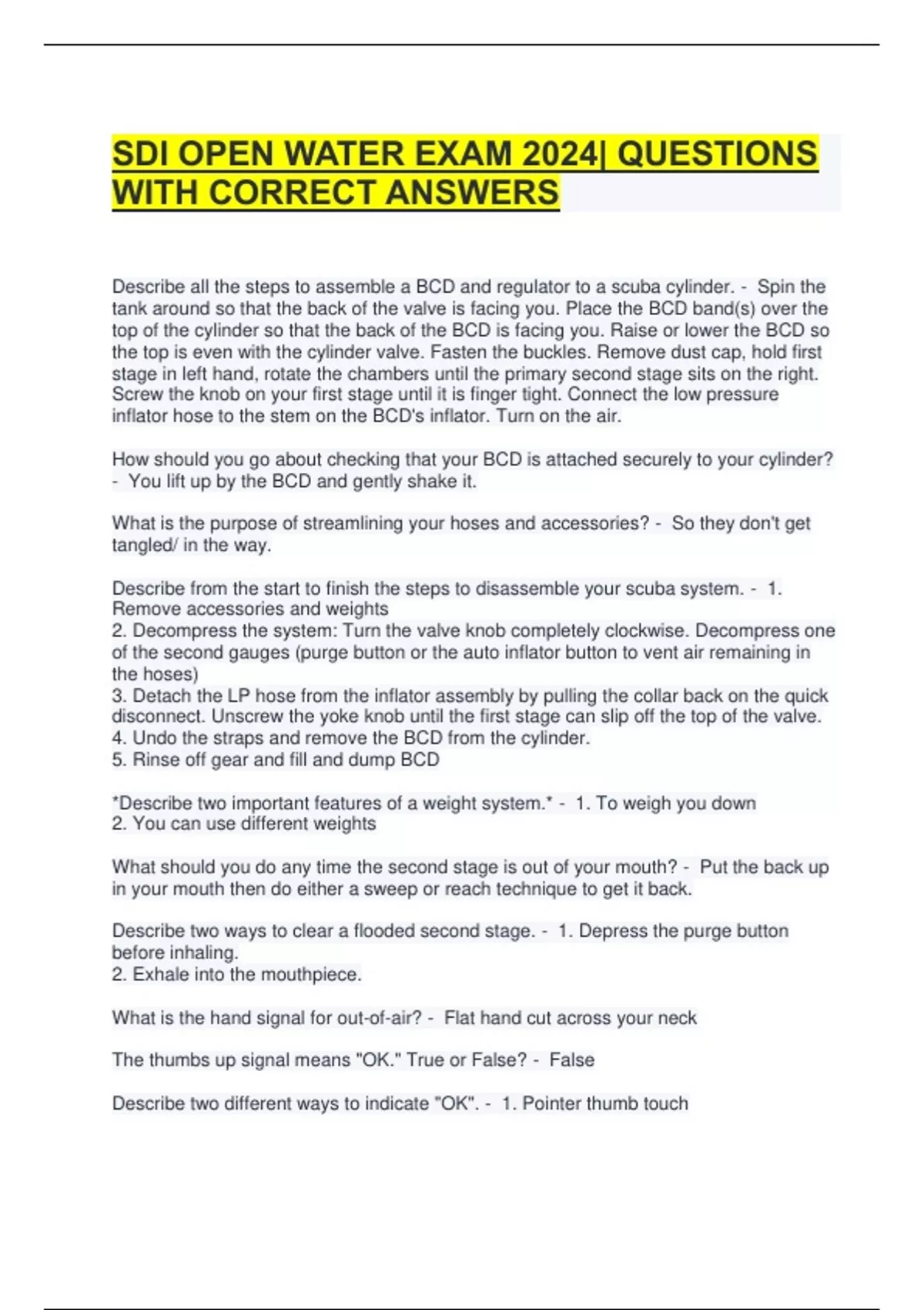SDI OPEN WATER EXAM 2024| QUESTIONS WITH CORRECT ANSWERS - SDI - Stuvia US