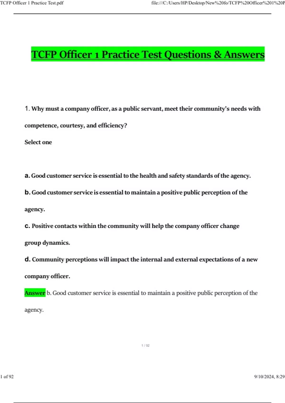 TCFP Officer 1 Practice Test Latest 2024 Actual Questions and Verified ...