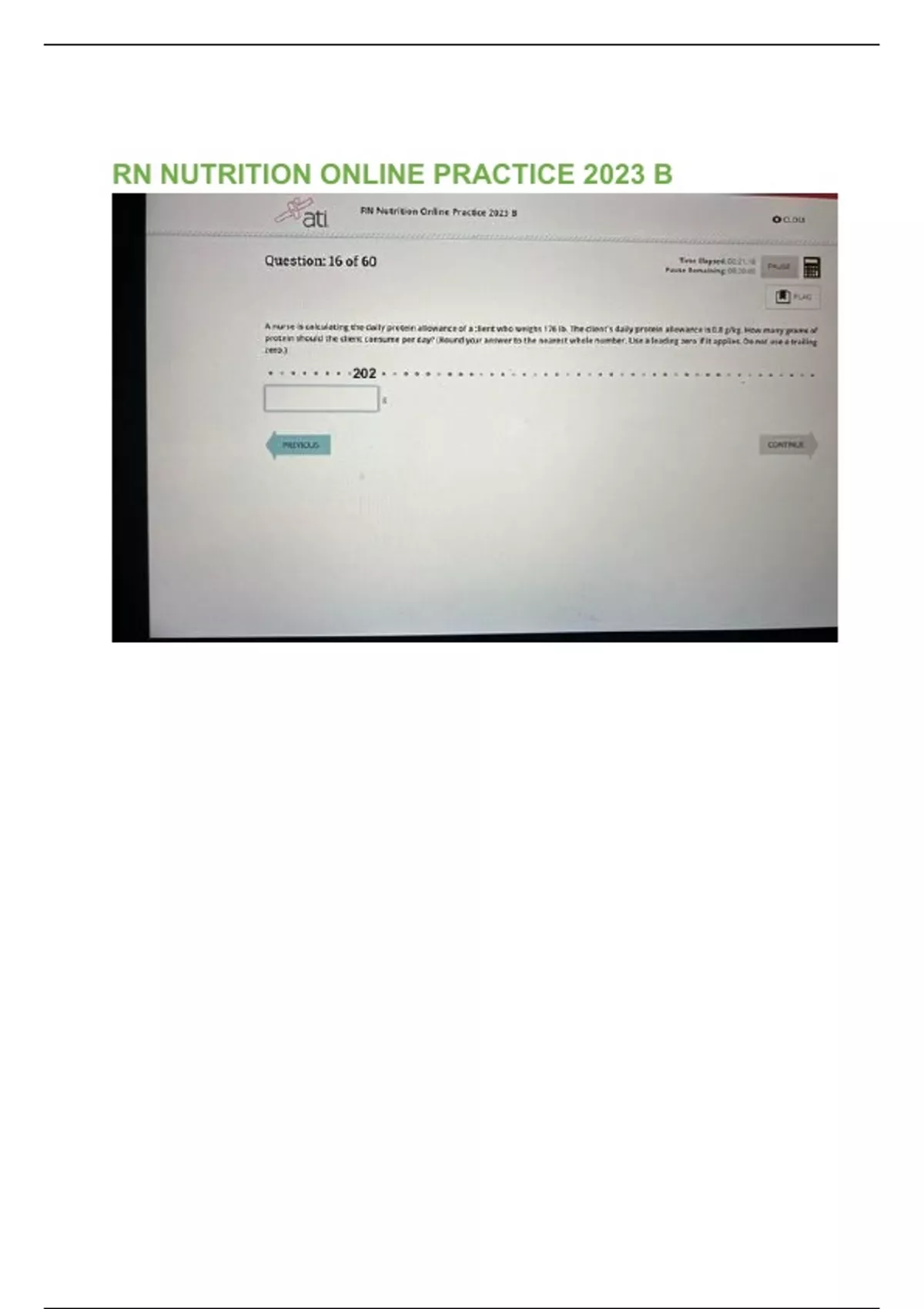 RN NUTRITION ONLINE PRACTICE 2023 B EXAM - ATI NUTRITION - Stuvia US