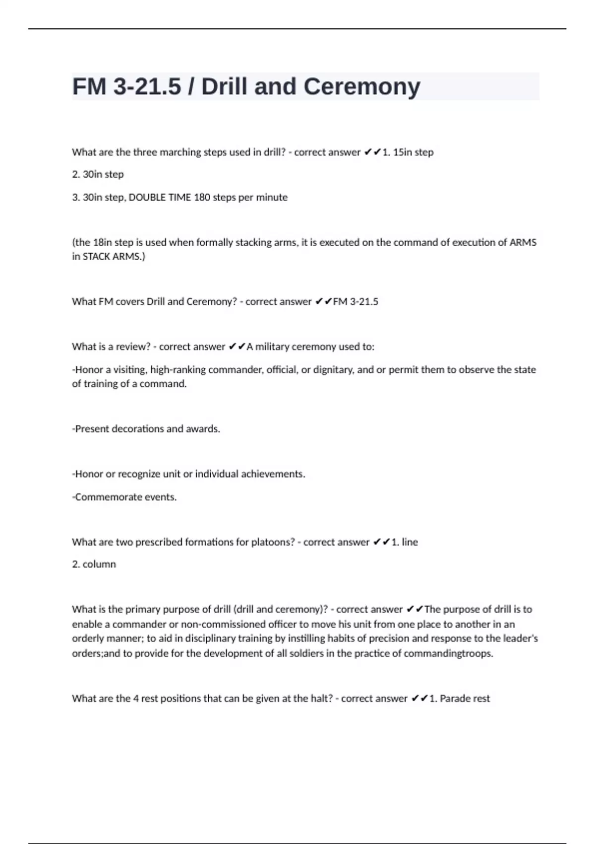 FM 3-21.5 / Drill and Ceremony questions with verified solutions - FM 3 ...
