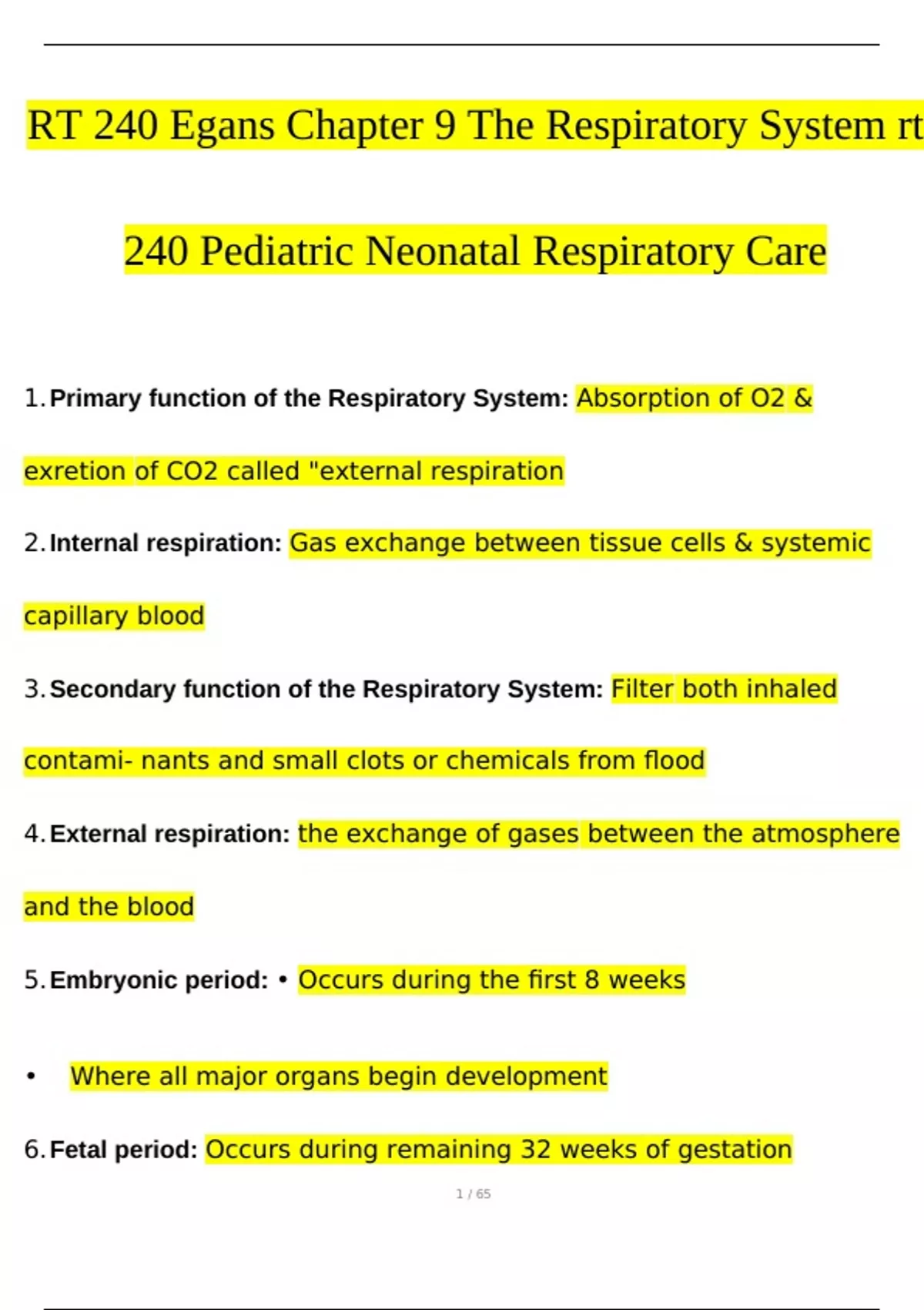 RT 240 Egans Chapter 9 The Respiratory System, rt 240 Pediatric ...