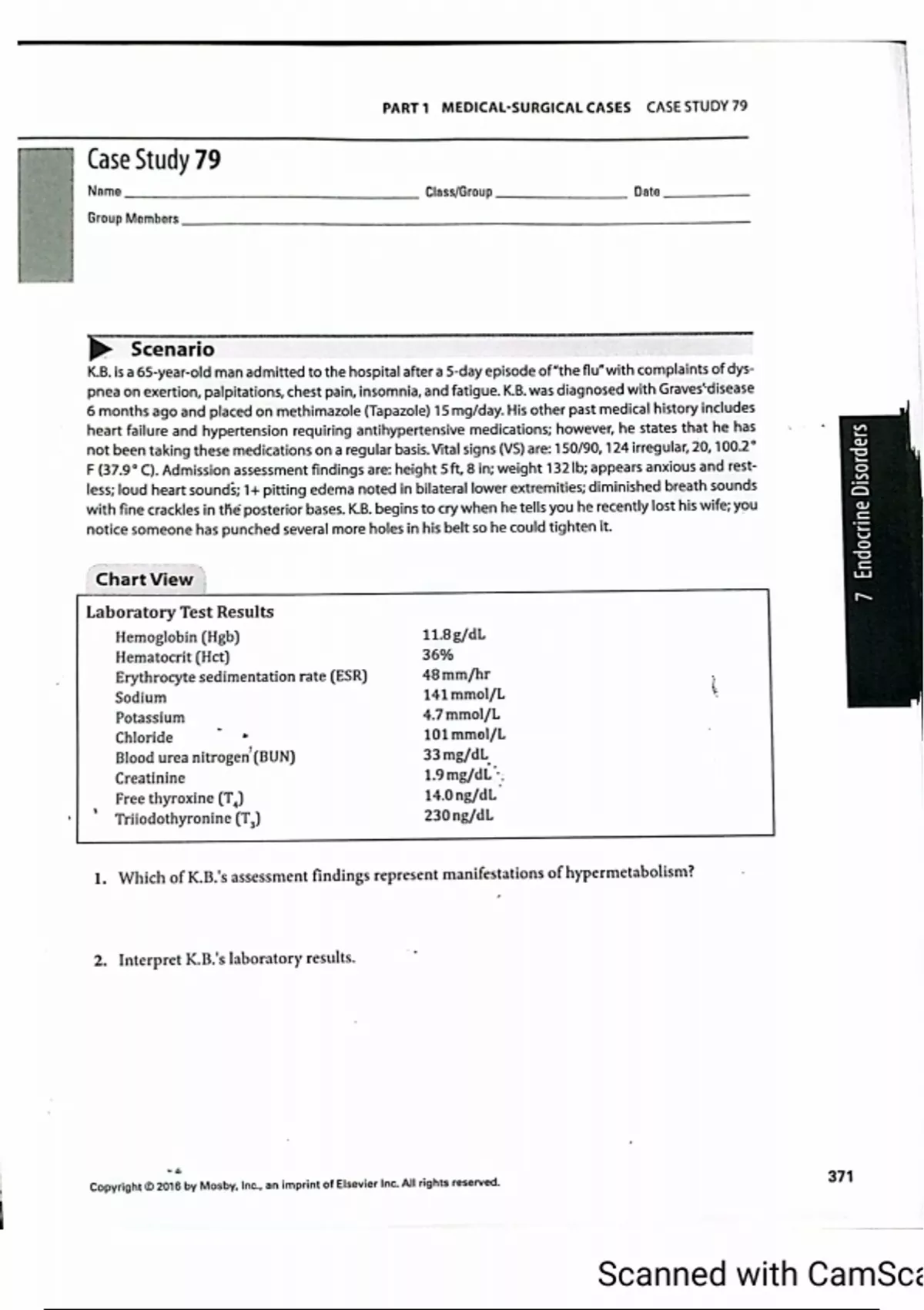 NUR 283 Transition To Registered Nursing Practice Case study 79 Endocrine Disorders ...