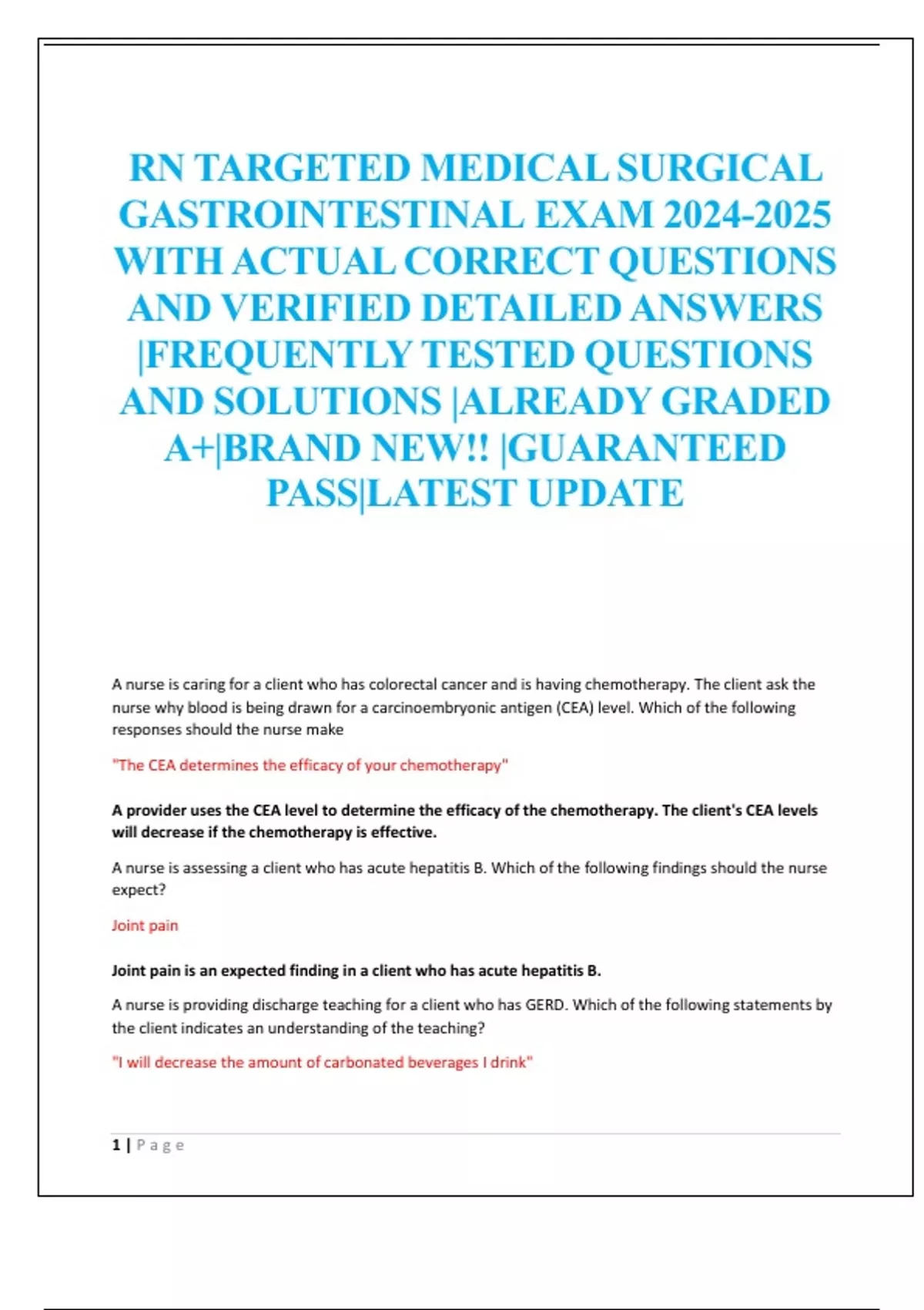 RN TARGETED MEDICAL SURGICAL GASTROINTESTINAL EXAM WITH ACTUAL CORRECT ...