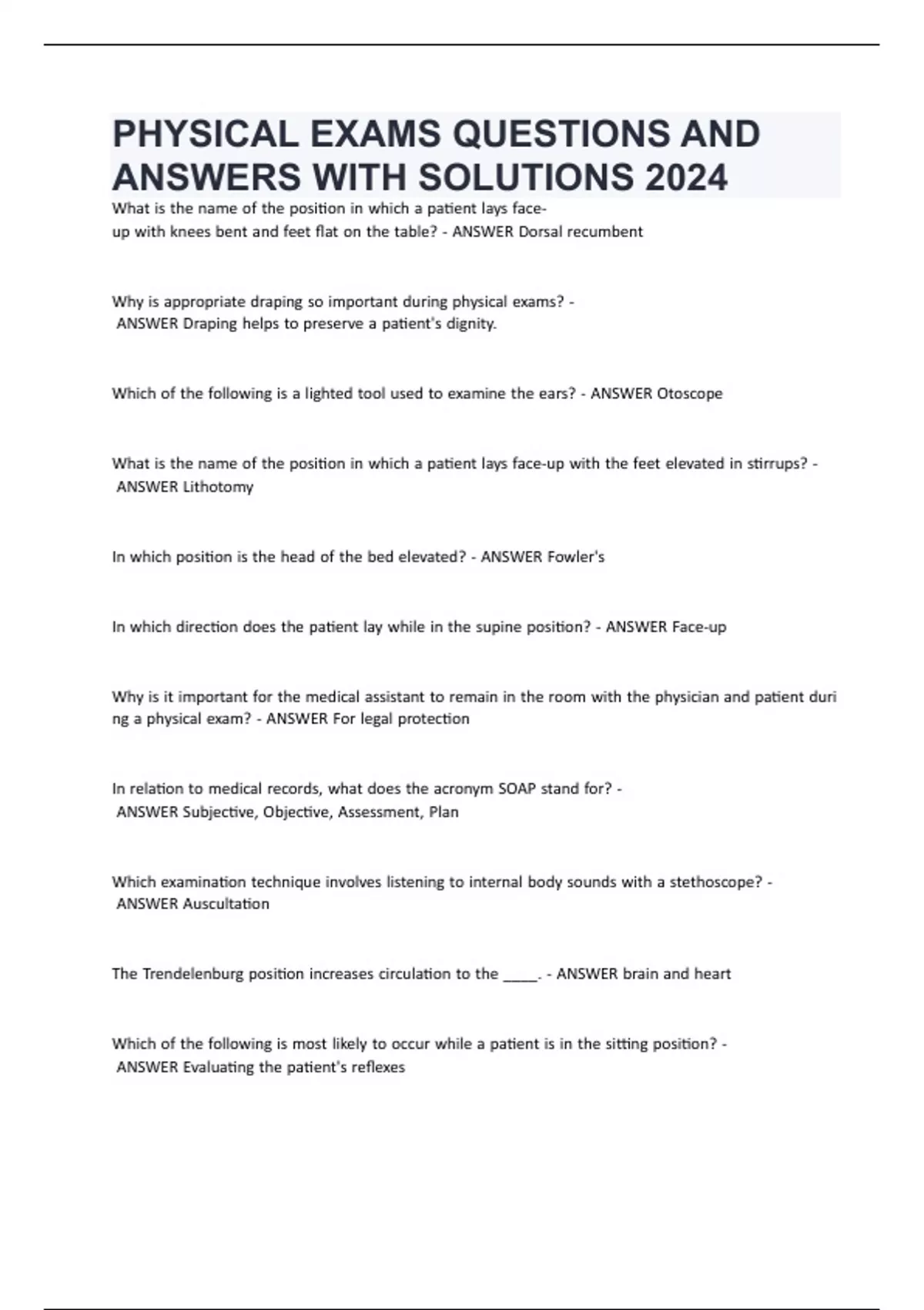 PHYSICAL EXAMS QUESTIONS AND ANSWERS WITH SOLUTIONS 2024 - MBBS - Stuvia US