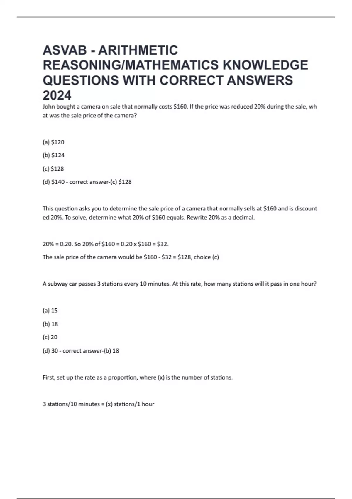 ASVAB - ARITHMETIC REASONING MATHEMATICS KNOWLEDGE QUESTIONS WITH ...