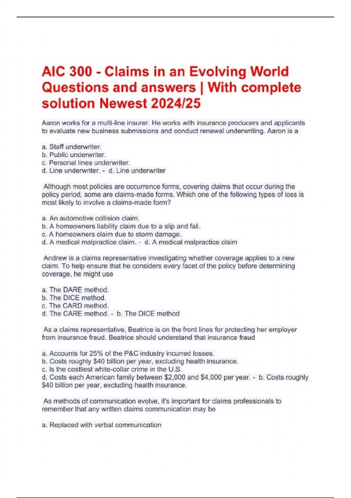 AIC 300 - Claims in an Evolving World Questions and answers | With ...