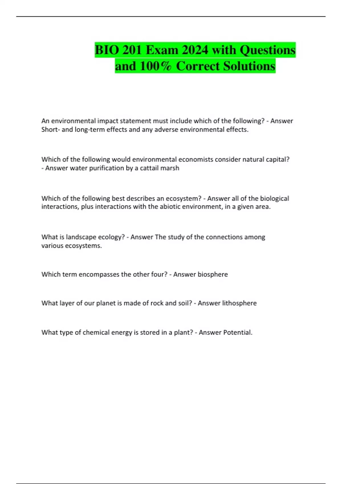 BIO 201 Exam 2024 with Questions and 100% Correct Solutions - Bio 201 - Stuvia US