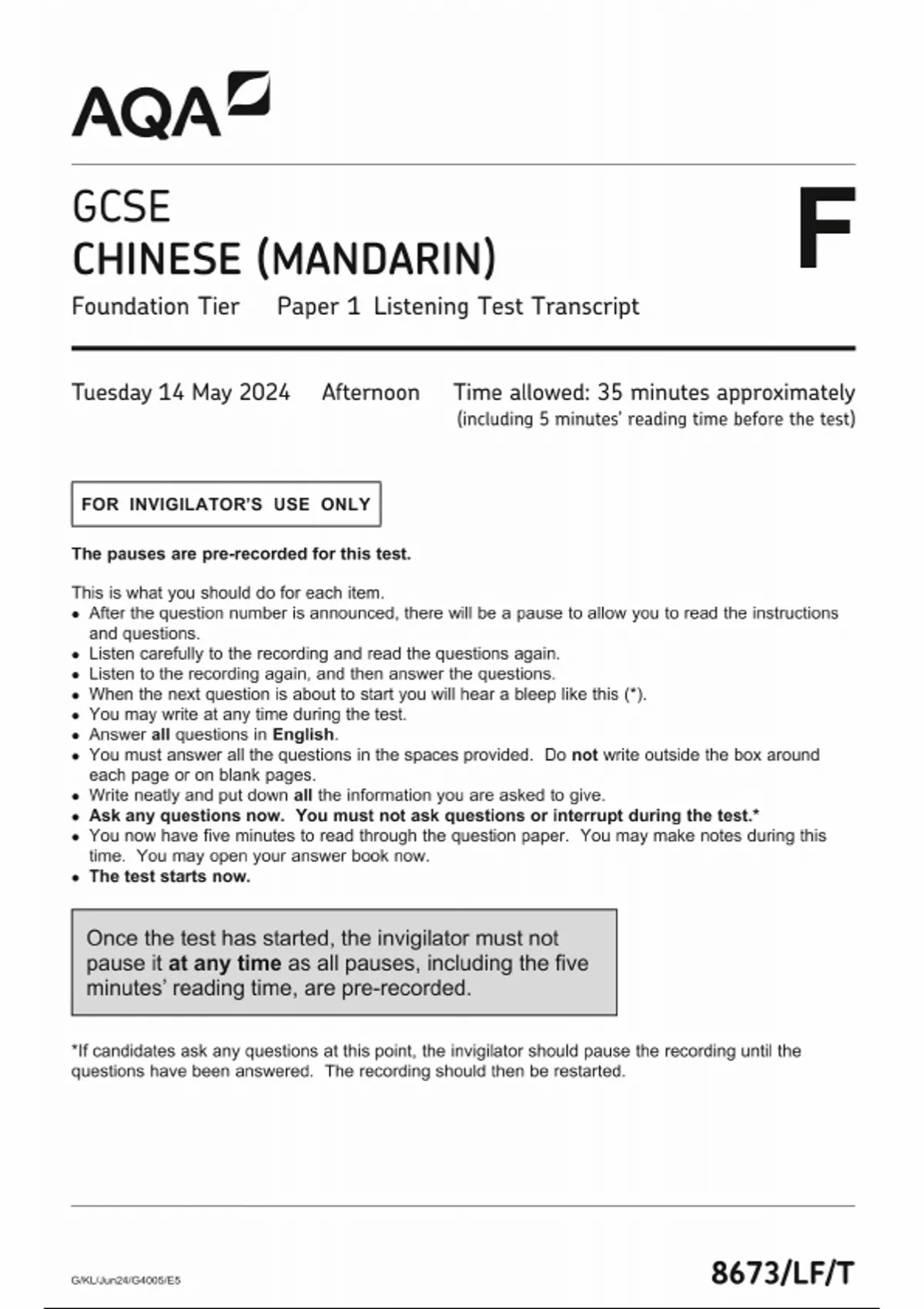 AQA GCSE CHINESE (MANDARIN) FOUNDATION TIER PAPER 1 2024 (8673/LF/T ...