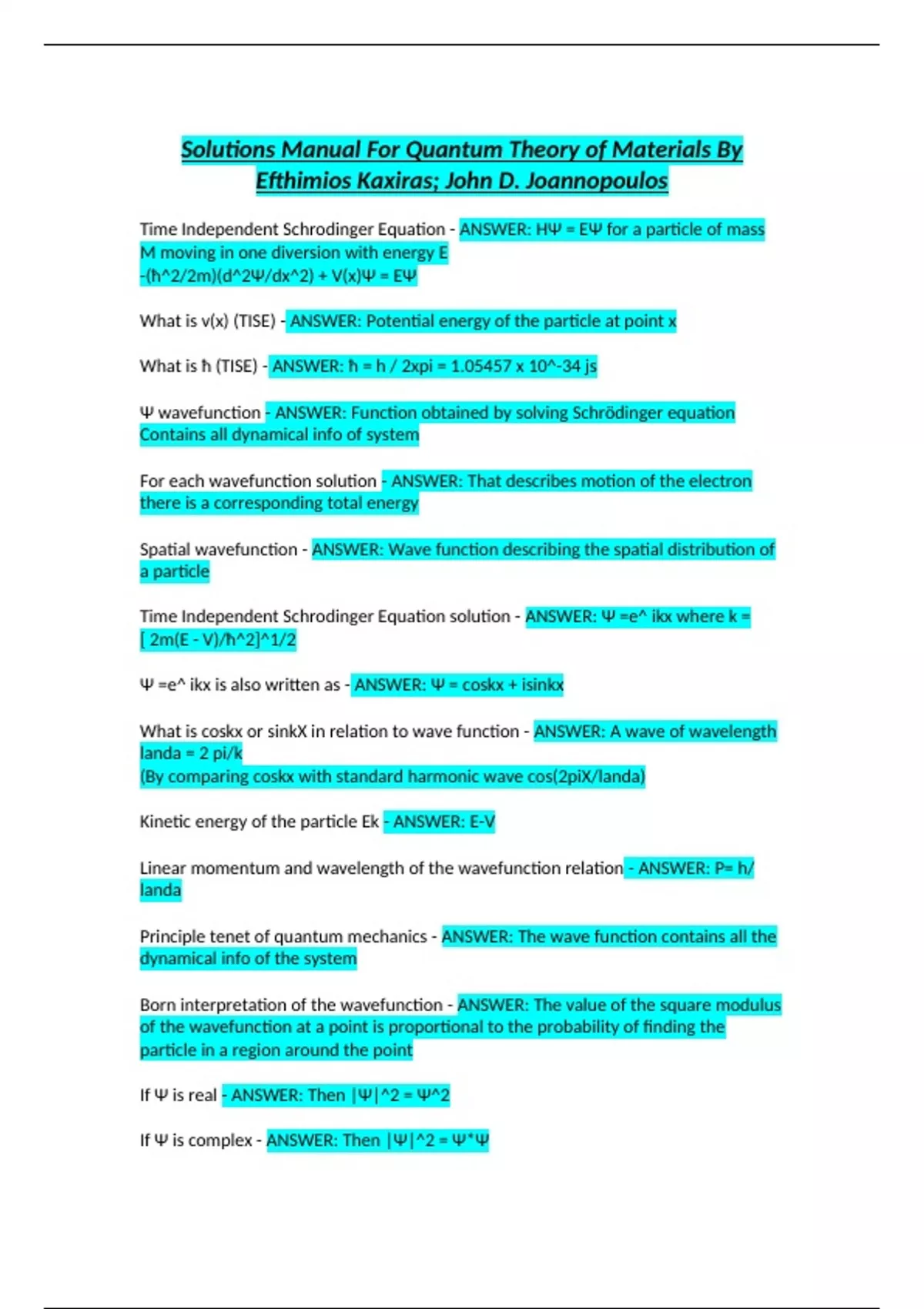 Solutions Manual For Quantum Theory of Materials - Quantum Theory of ...