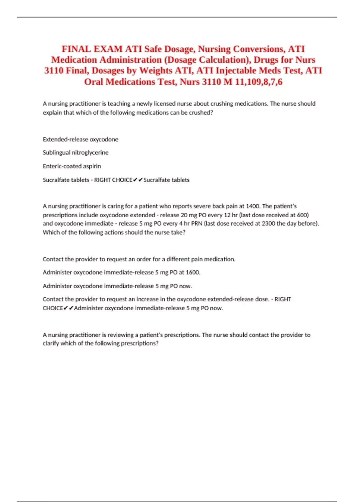 2024 FINAL EXAM ATI Safe Dosage, Nursing Conversions, ATI Medication ...