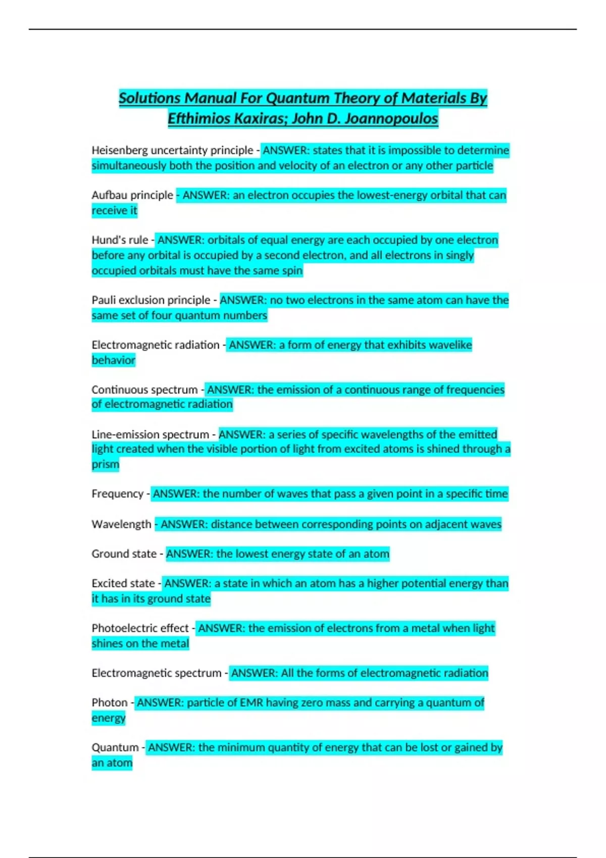 Solutions Manual For Quantum Theory of Materials - Quantum Theory of ...