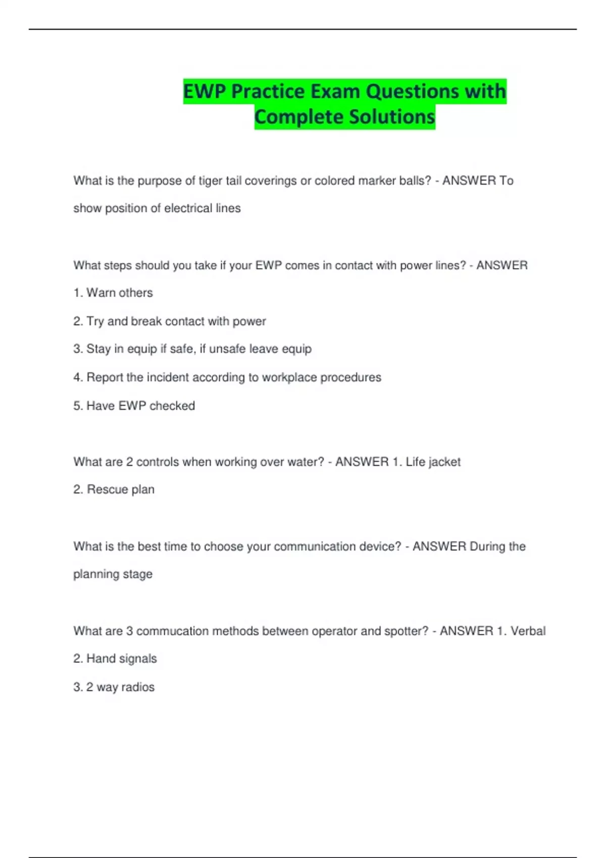 EWP Practice Exam Questions with Complete Solutions - EWP - Stuvia US