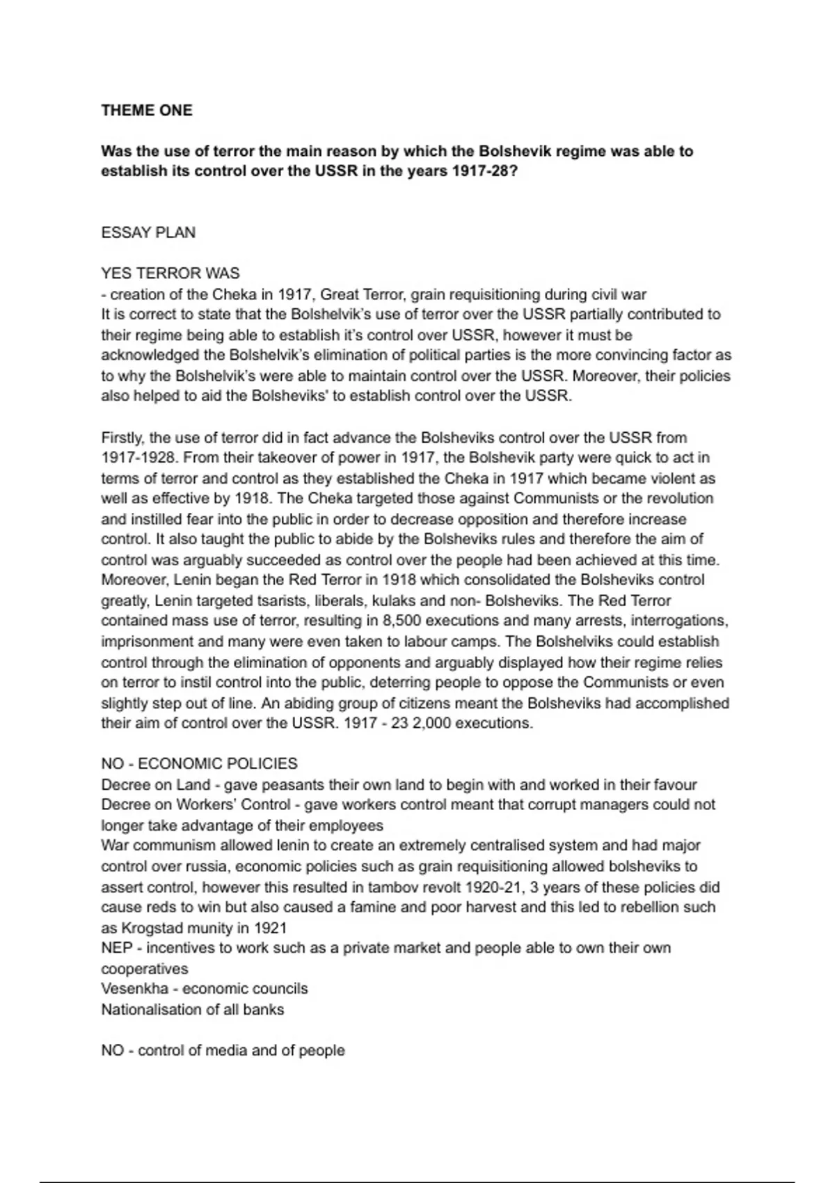 A - level History Russia Lenin to Yeltsin , A star essay plans - Unit ...