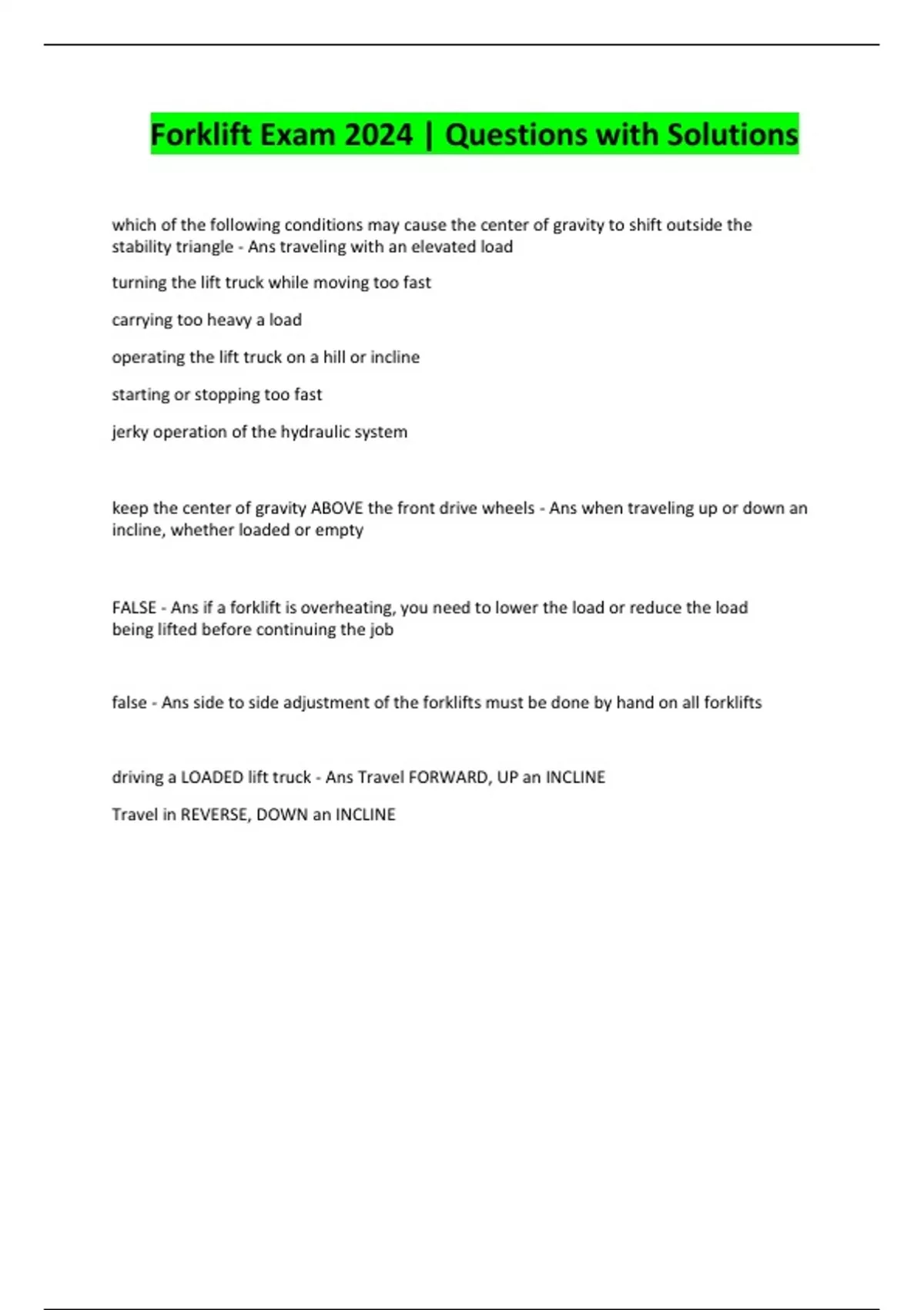 Forklift Exam 2024 | Questions with Solutions - Forklift Operator ...