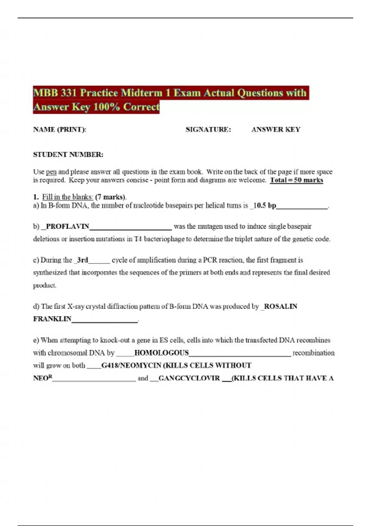 MBB 331 Practice Midterm 1 Exam Actual Questions with Answer Key 100% Correct; Simon Fraser ...