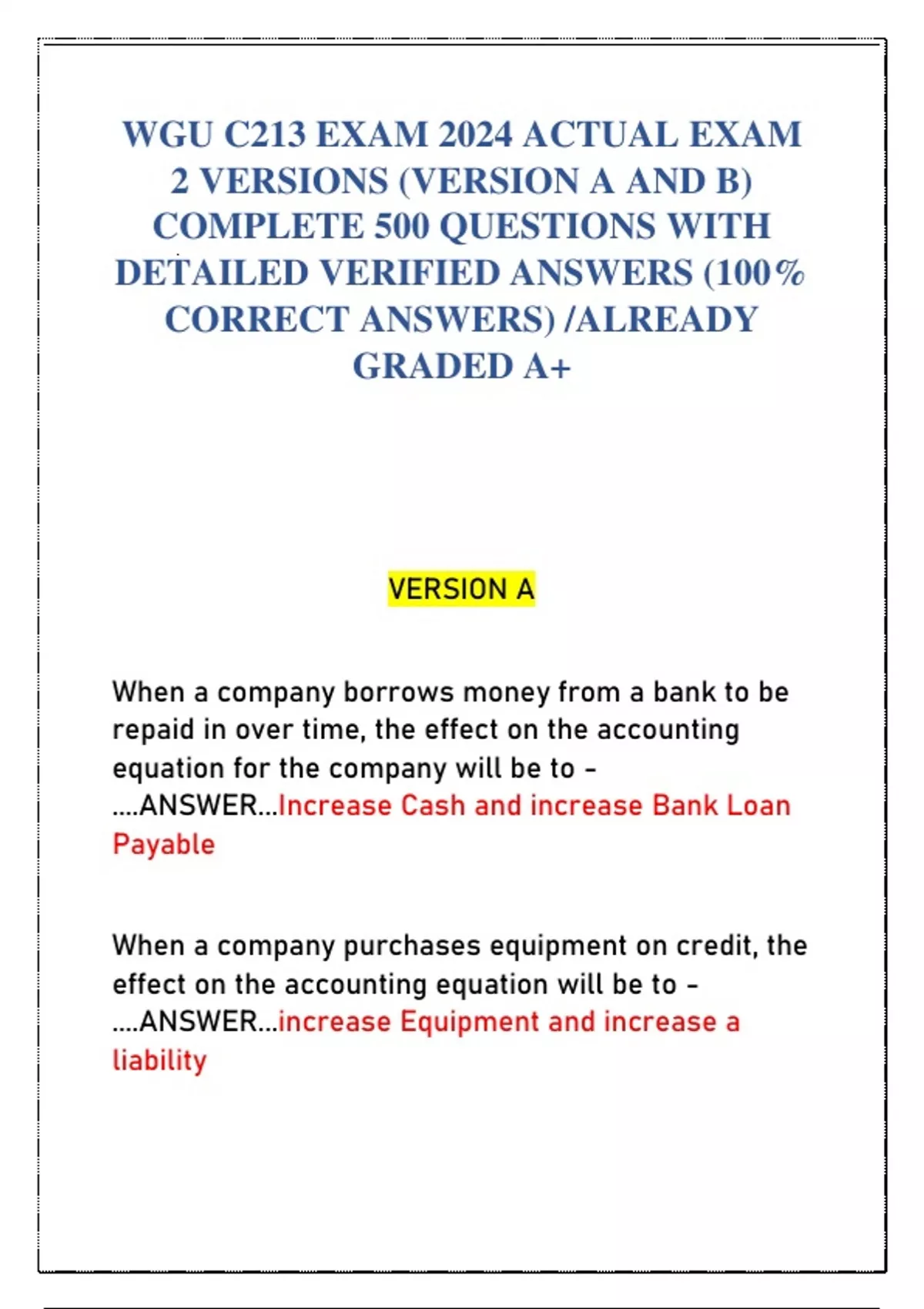 WGU C213 EXAM 2024 ACTUAL EXAM 2 VERSIONS (VERSION A AND B) COMPLETE ...