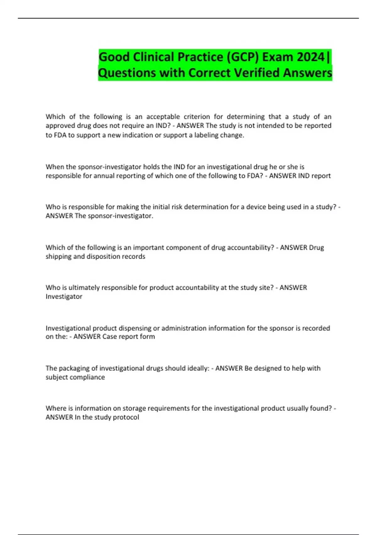 Good Clinical Practice (GCP) Exam 2024| Questions with Correct Verified ...