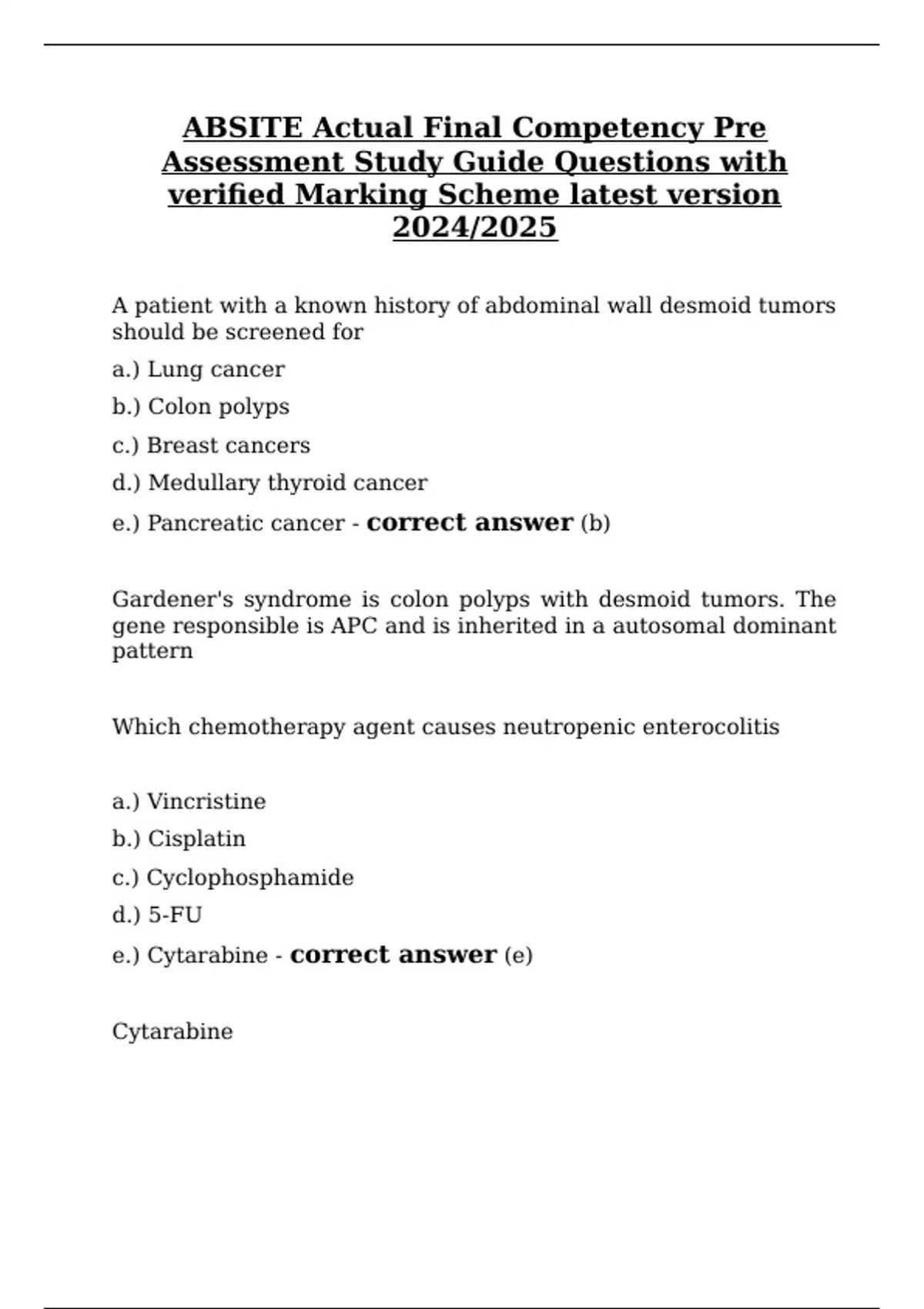 ABSITE Actual Final Competency Pre Assessment Study Guide Questions ...