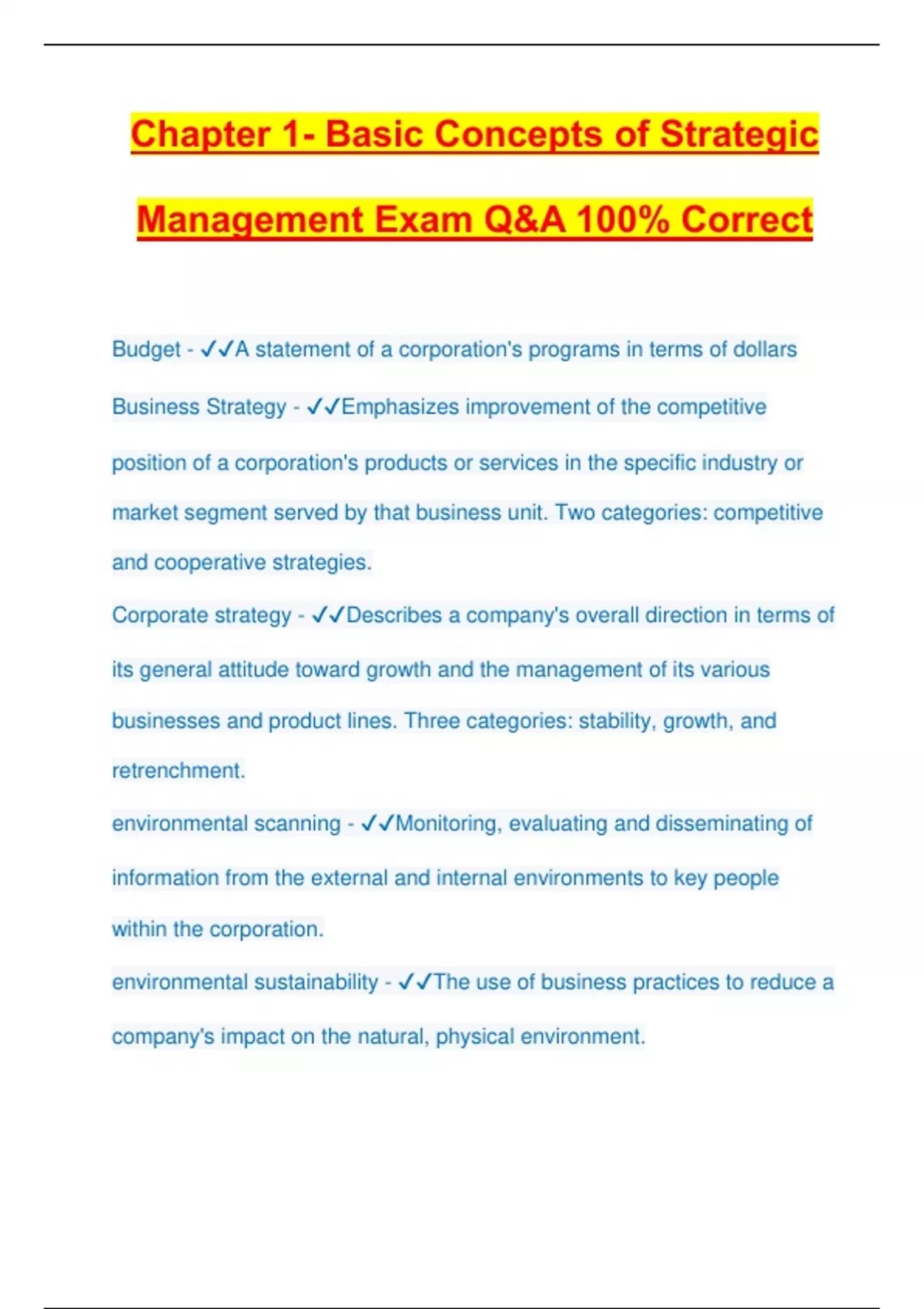 Chapter 1- Basic Concepts of Strategic Management Exam Q&A 100% Correct ...