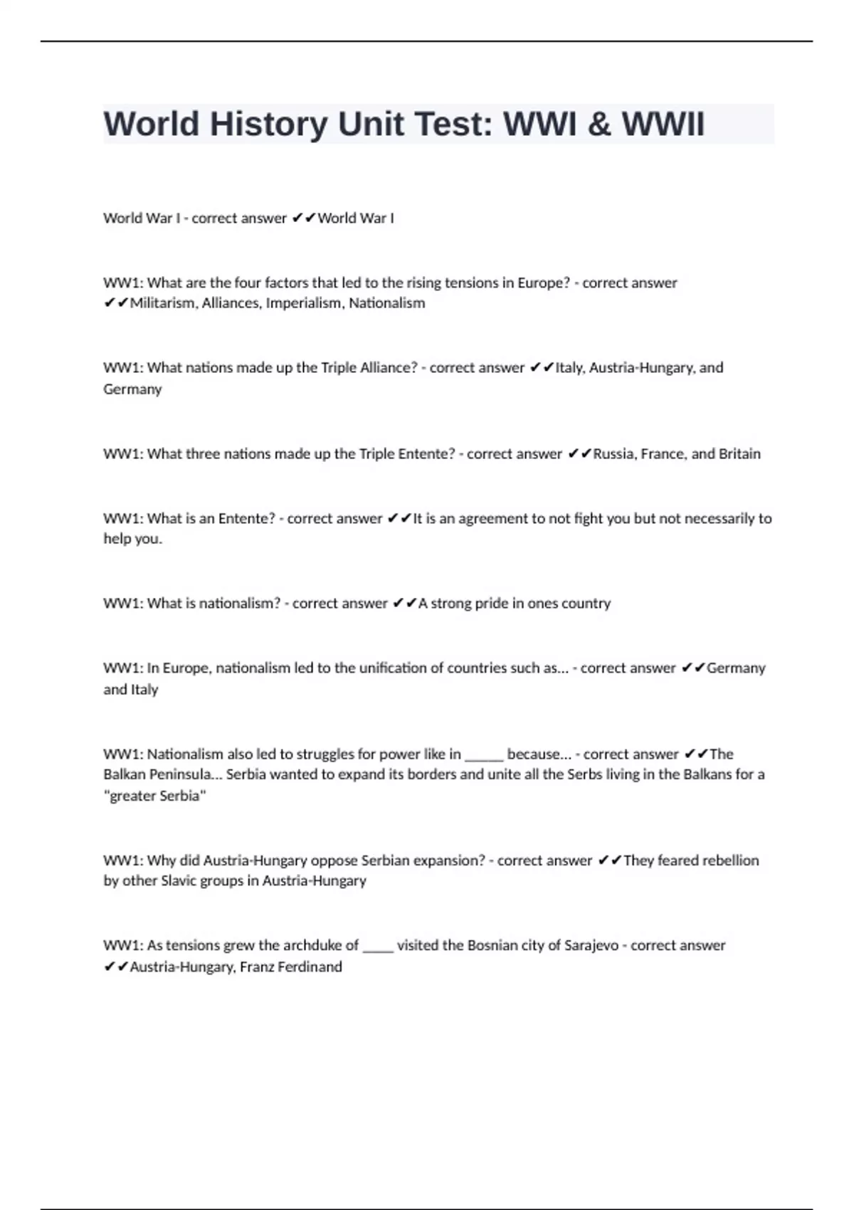World History Unit Test: WWI & WWII questions with answers graded A+ ...