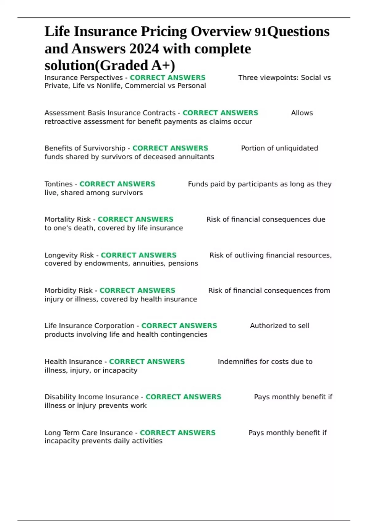 Summary Life Insurance Pricing Overview 91Questions and Answers 2024 ...