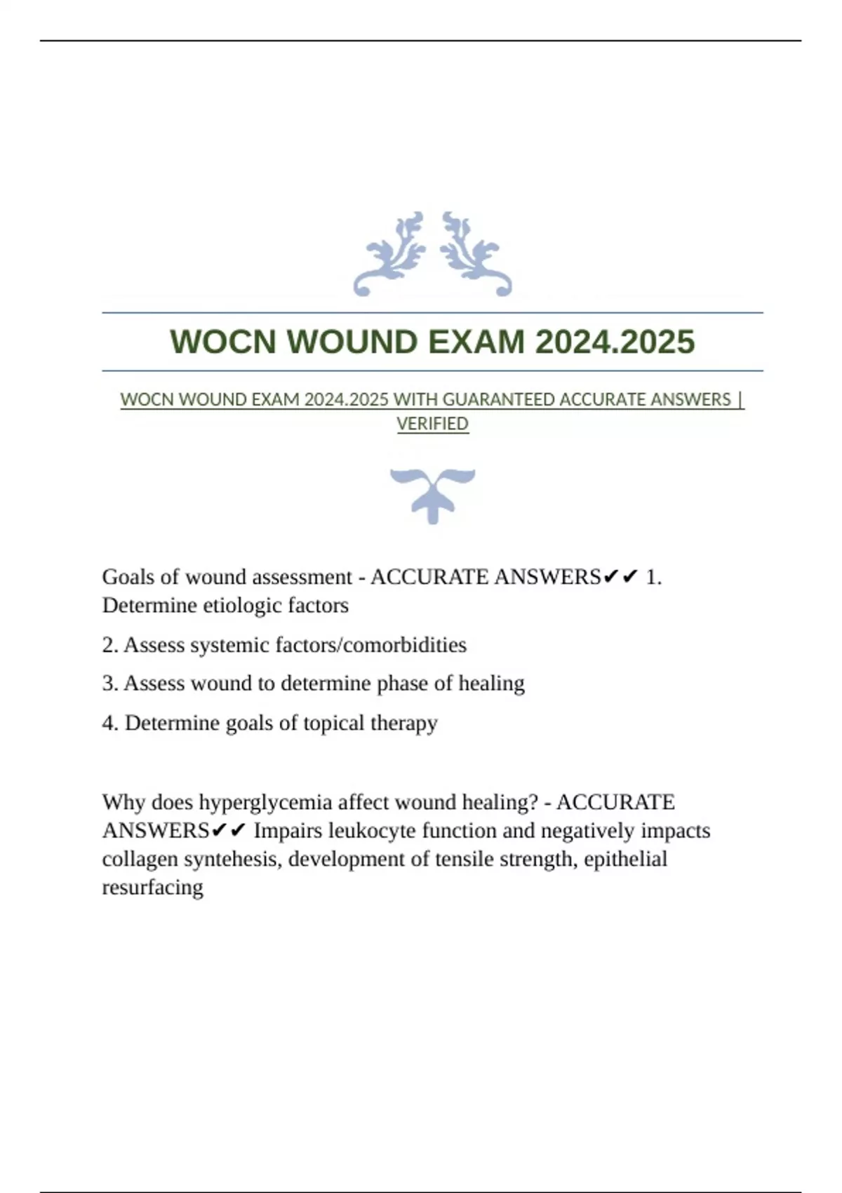 WOCN WOUND EXAM 2024.2025 WITH GUARANTEED ACCURATE ANSWERS |VERIFIED ...