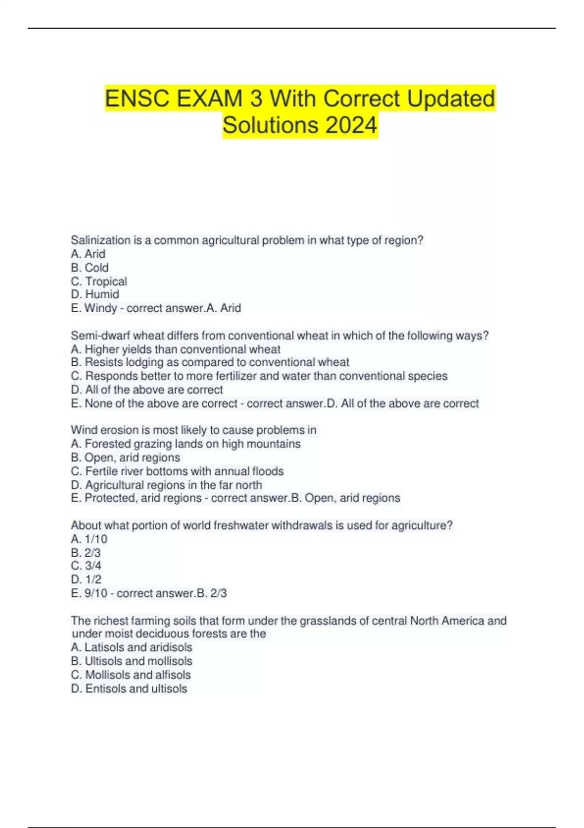 ENSC EXAM 3 With Correct Updated Solutions 2024 - ENSC - Stuvia US