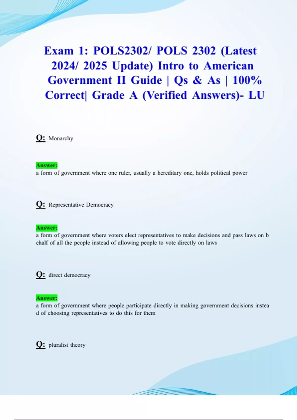 Exam 1: POLS2302/ POLS 2302 (Latest 2024/ 2025 Update) Intro to ...
