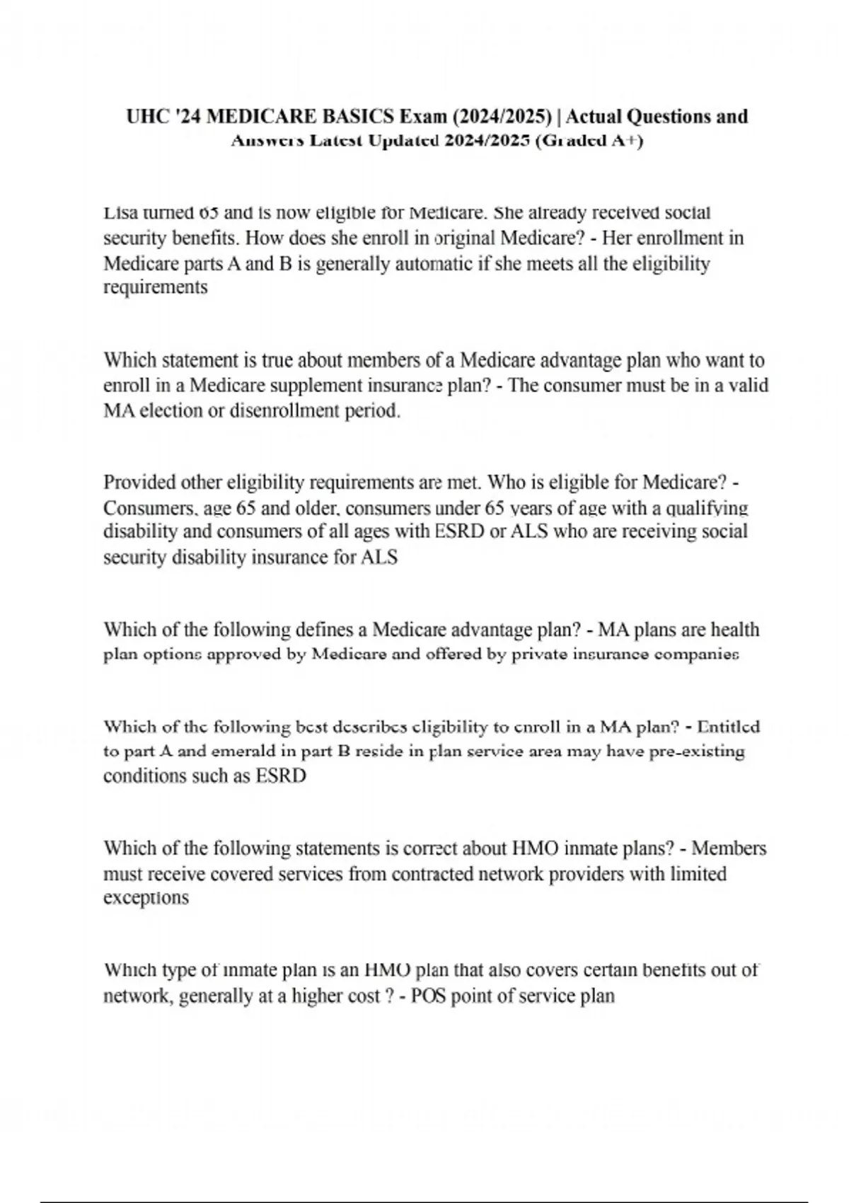 UHC '24 MEDICARE BASICS Exam (2024/2025) | Actual Questions and Answers ...