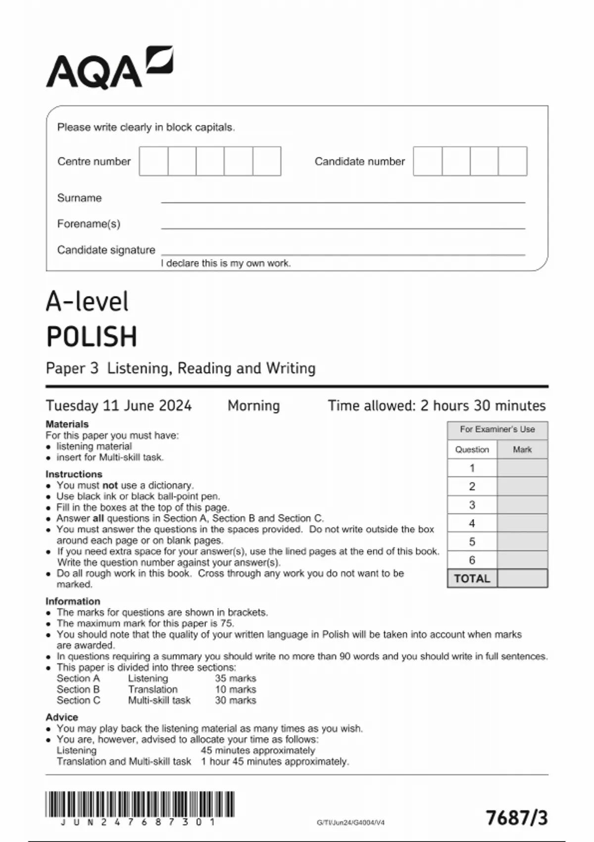 AQA A LEVEL POLISH PAPER 3 QUESTION PAPER 2024 (7687/3 :Listening ...