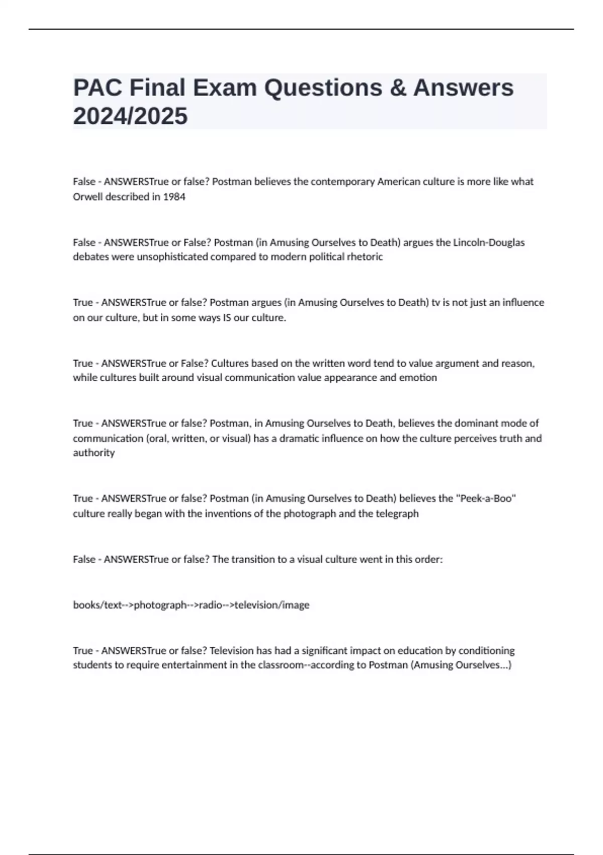 PAC Final Exam Questions & Answers 2024/2025 - PAC - Stuvia US