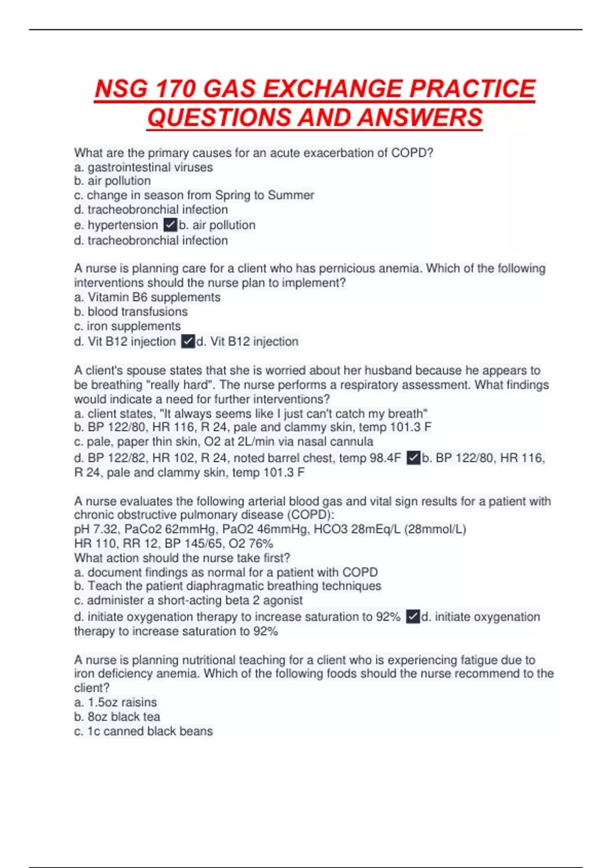 NSG 170 GAS EXCHANGE PRACTICE QUESTIONS AND ANSWERS - NSG 170 - Stuvia US